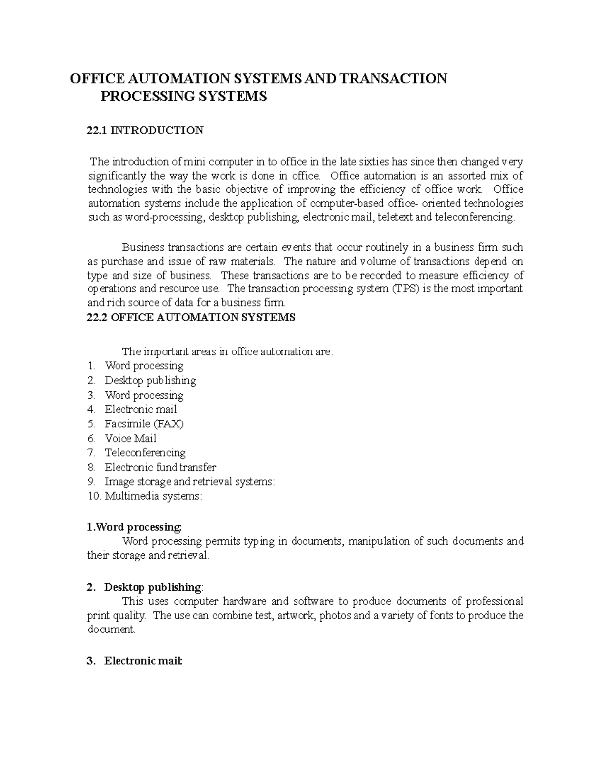 Office Automation Systems AND Transaction - OFFICE AUTOMATION SYSTEMS ...