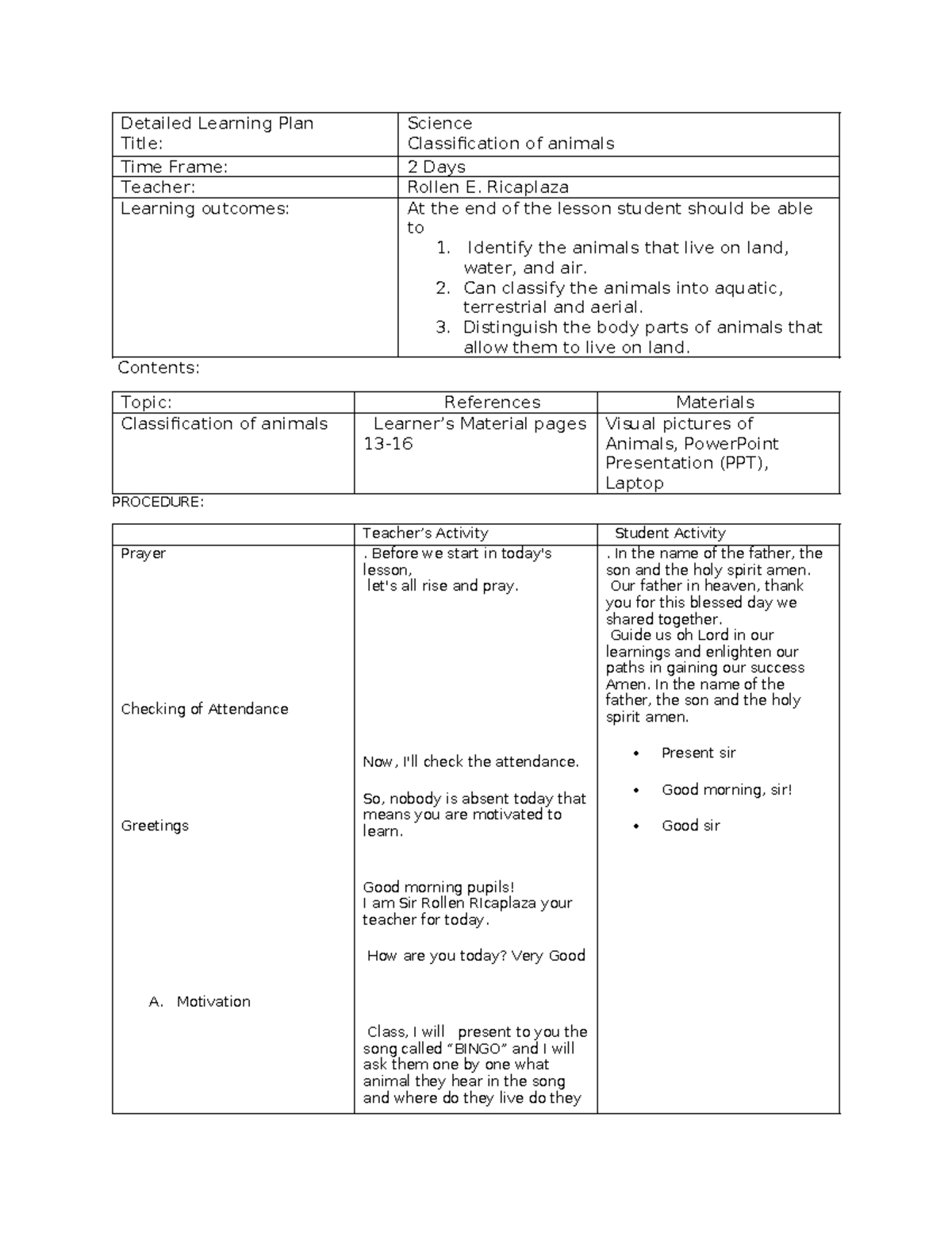 science lesson plan - Detailed Learning Plan Title: Science ...