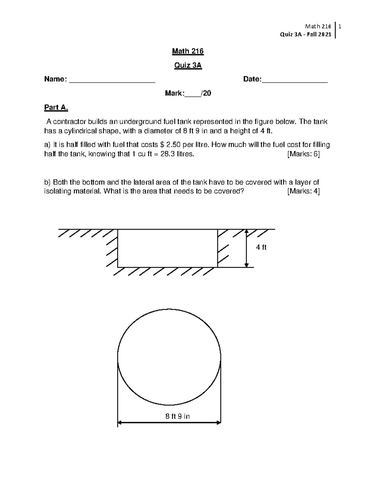 Math 216 - Quiz 3A exam - Quiz 3A - Fall 2021 Math 216 Quiz 3A Name