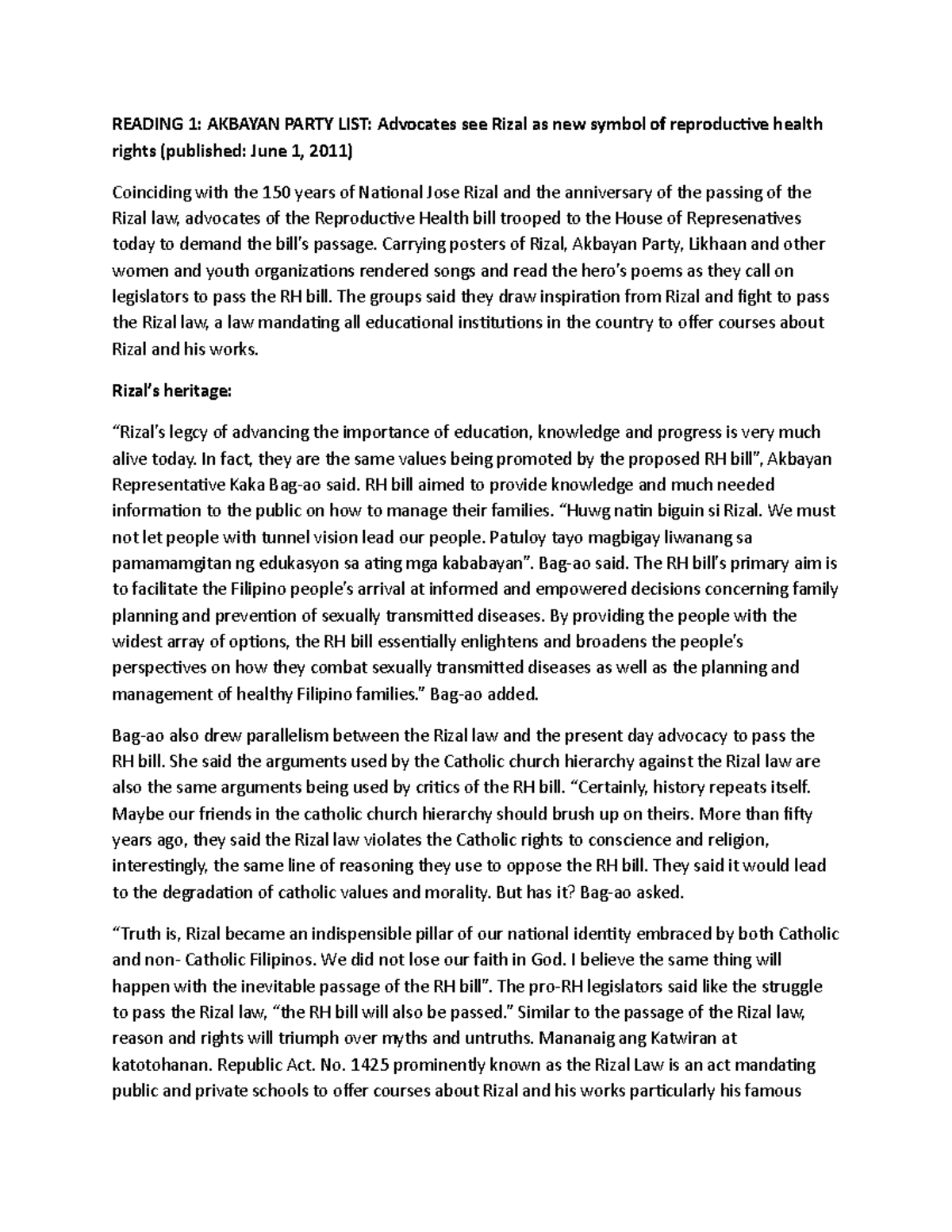 LIFE AND WORKS OF JOSE RIZAL Reading 1 - READING 1: AKBAYAN PARTY LIST ...