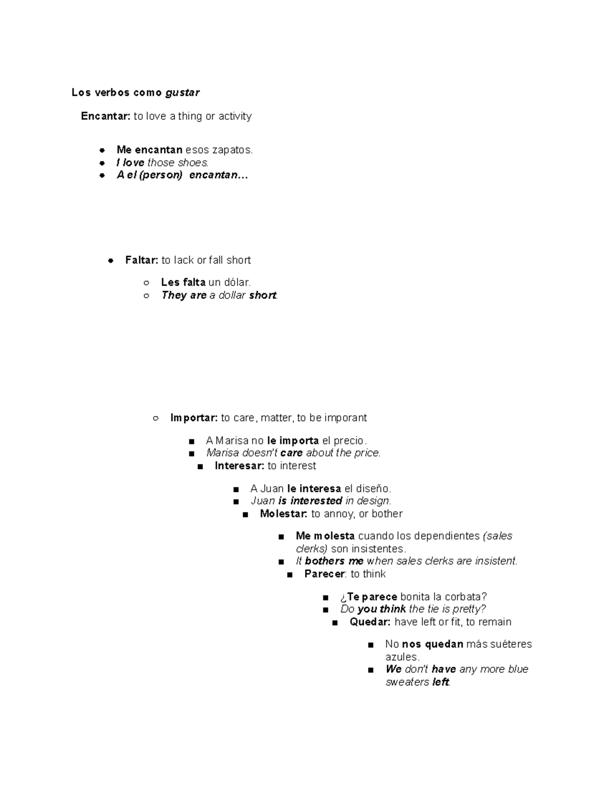 Gustar - Lecture Notes from Professor Raboso Manas - Los verbos como ...