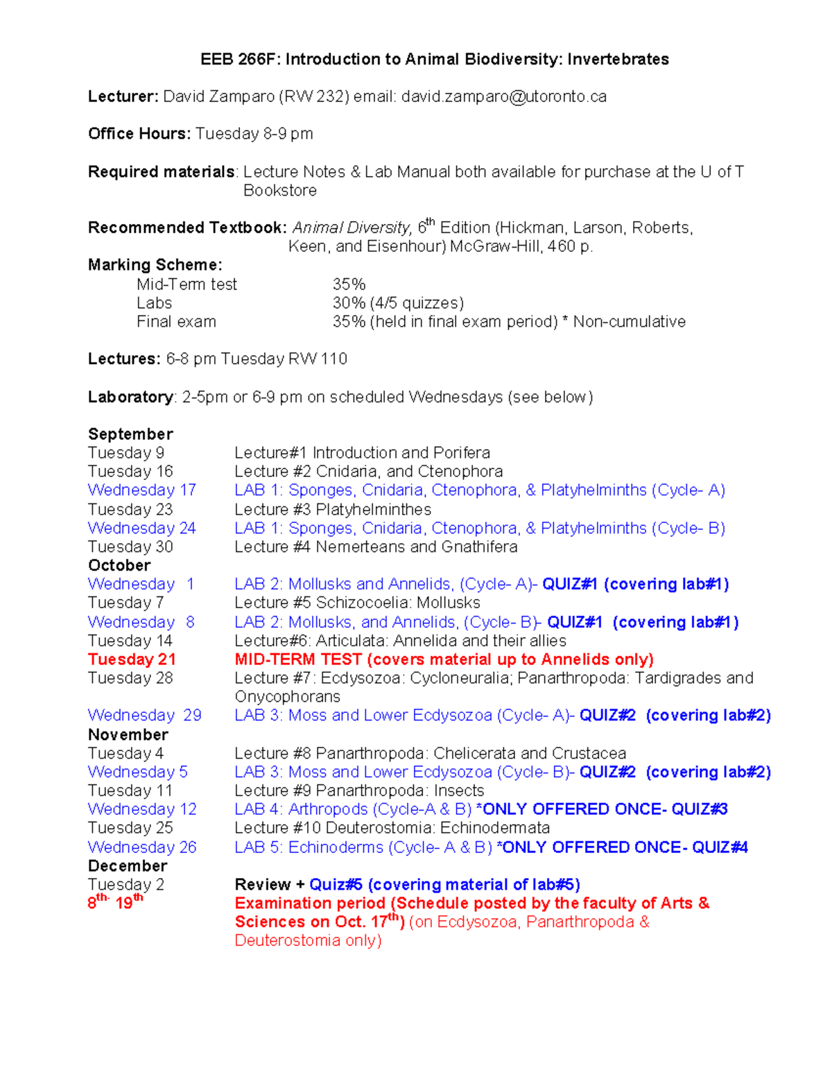 EEB266 Introduction to Animal Biodiversity Invertebrates Fall 2014 ...