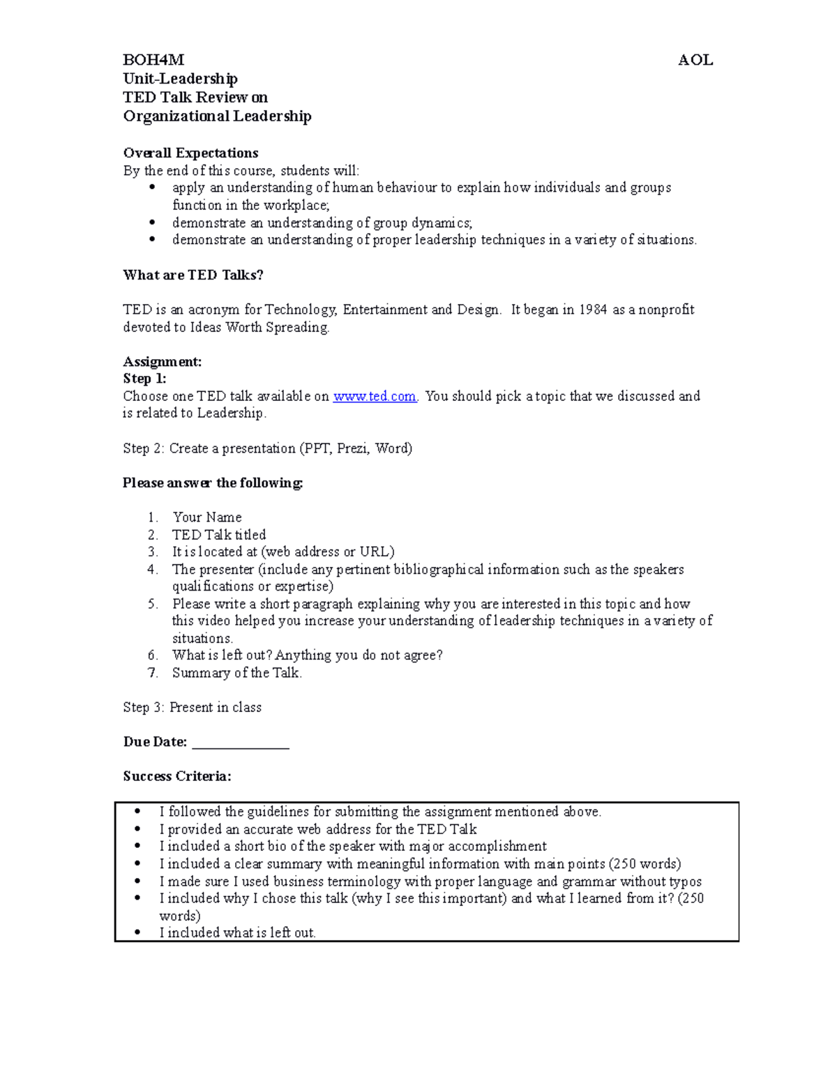 Unit 2 Ted Talk Assignment - BOH4M Unit-Leadership TED Talk Review on ...