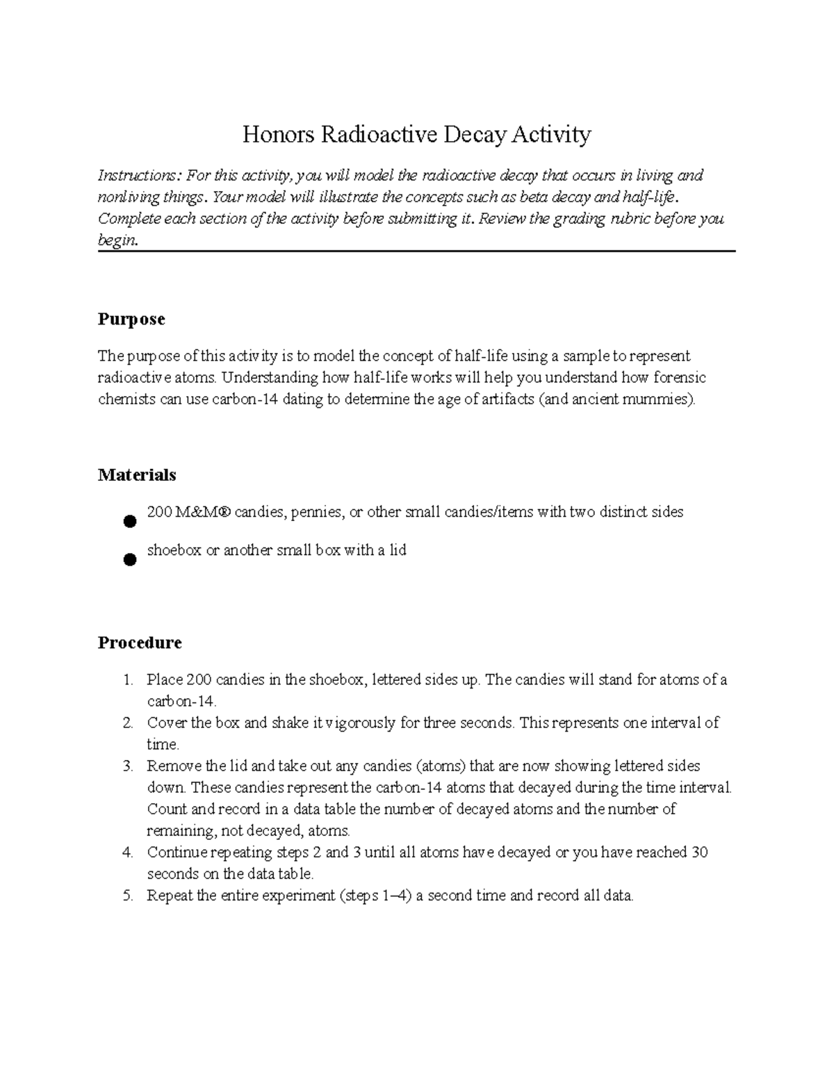 Activity worksheet - chem - Honors Radioactive Decay Activity ...