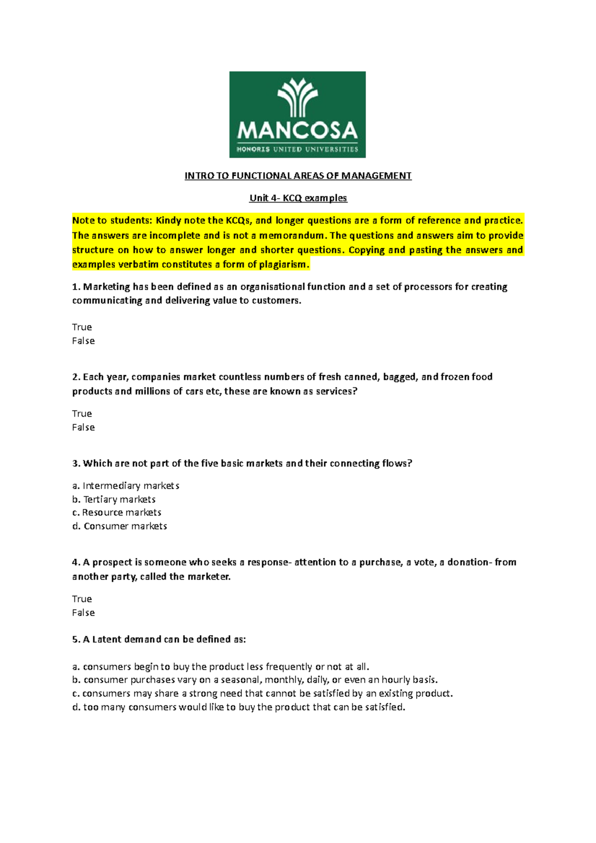 Knowledge Check Practice - INTRO TO FUNCTIONAL AREAS OF MANAGEMENT Unit ...