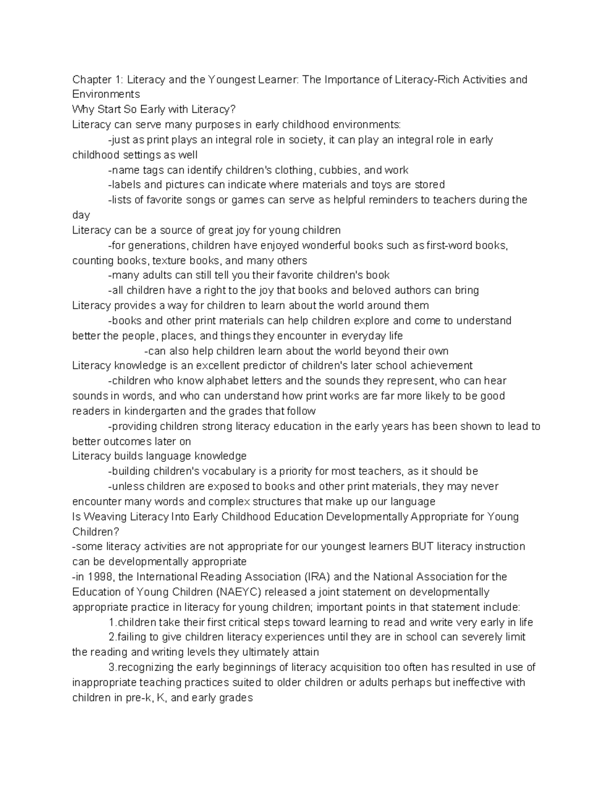Chapter 1 Literacy and the Youngest Learner READ 399 Notes - Chapter 1 ...