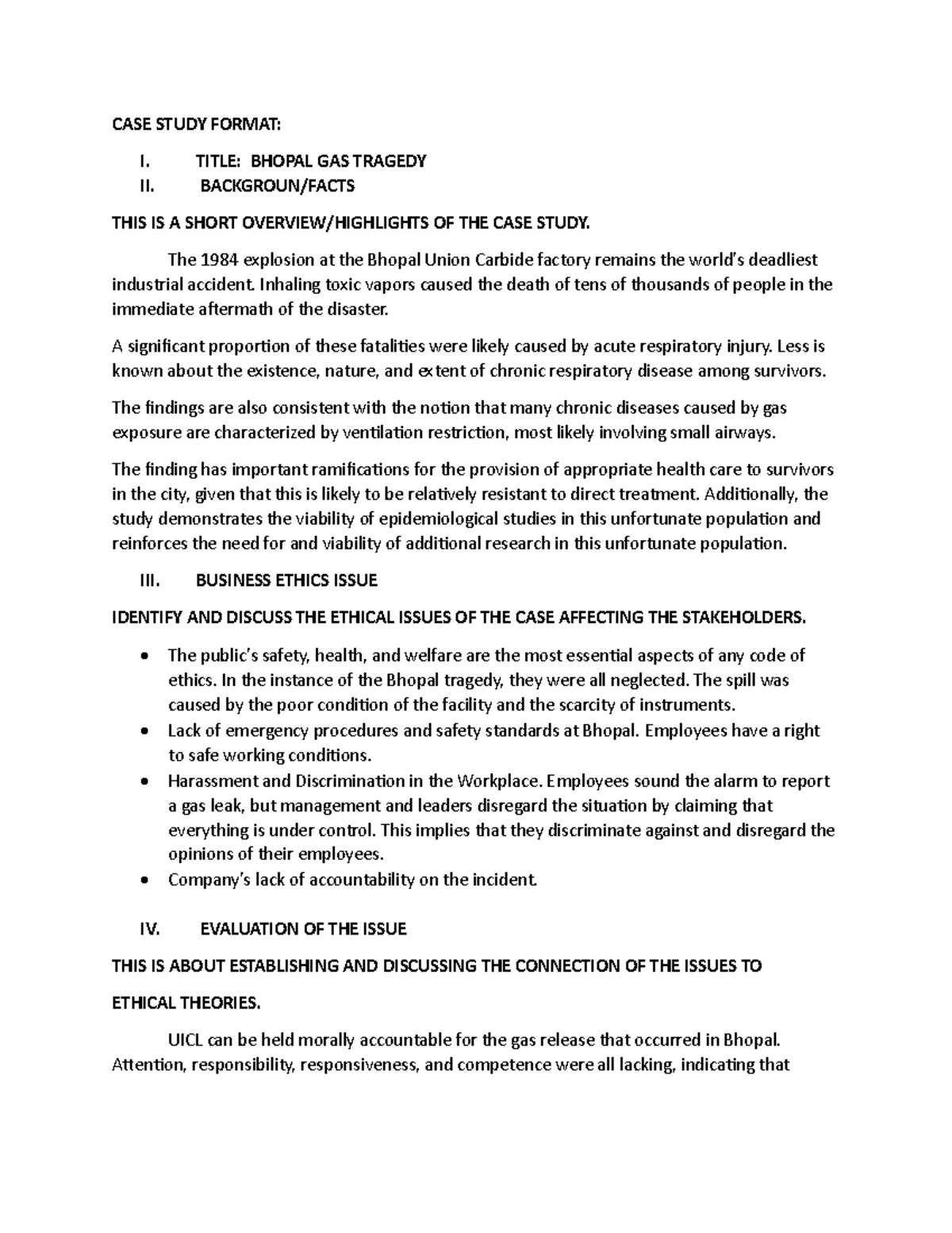 Bhopals Gas Leakage Precious Orga - CASE STUDY FORMAT: I. TITLE: BHOPAL GAS TRAGEDY II. - Studocu