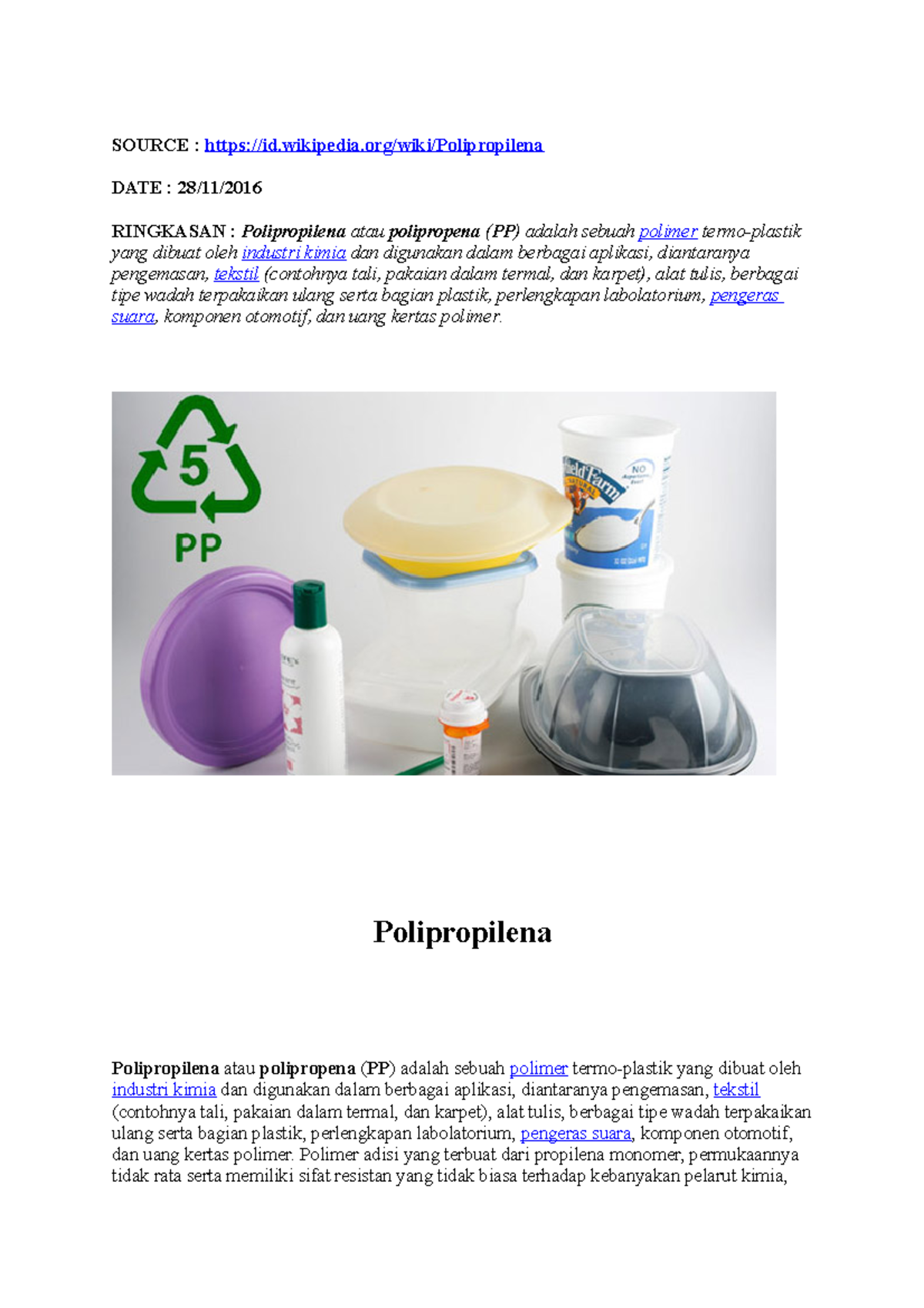 PP (H5) - PP (H5) - SOURCE : id.wikipedia/wiki/Polipropilena DATE : 28 ...