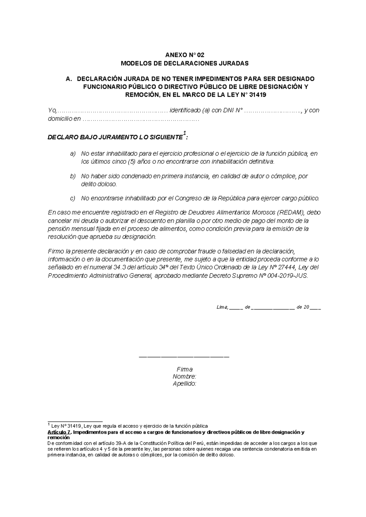 Anexo N° 02 - Modelo de Declaración Jurada - ANEXO Nº 02 MODELOS DE DECLARACIONES JURADAS A ...