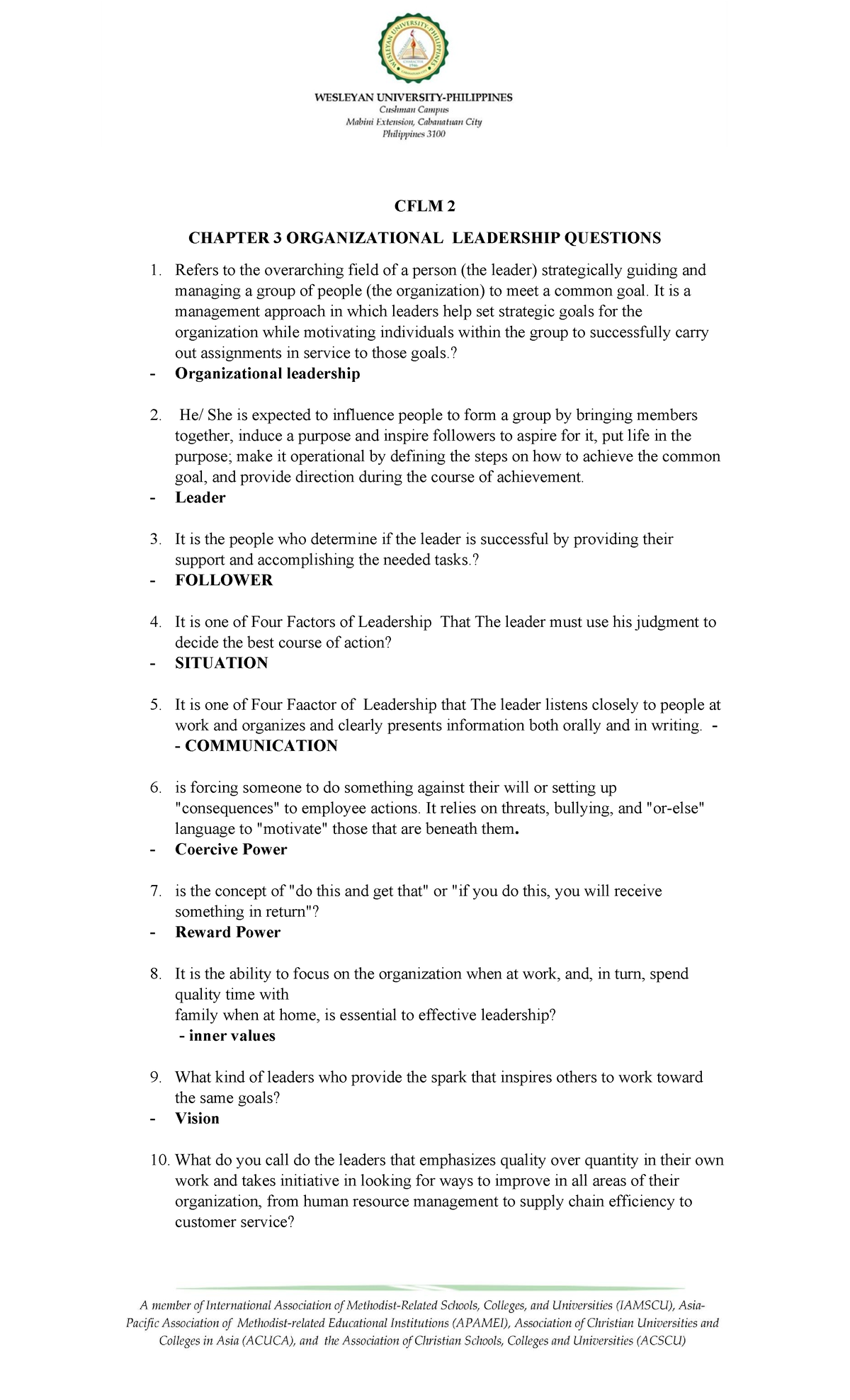 CFLM 2 Chapter 3 Question - CFLM 2 CHAPTER 3 ORGANIZATIONAL LEADERSHIP ...