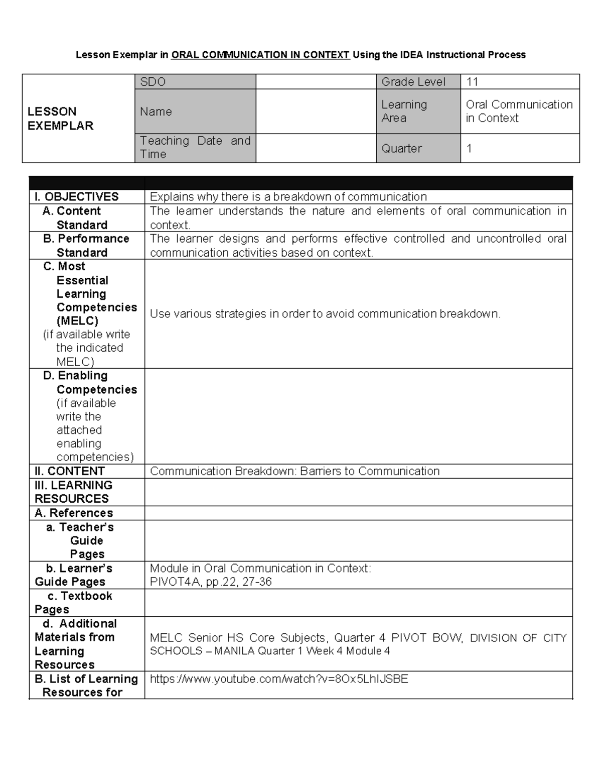 SHS ORAL COMM - SHS MATERIALS - Lesson Exemplar in ORAL COMMUNICATION ...