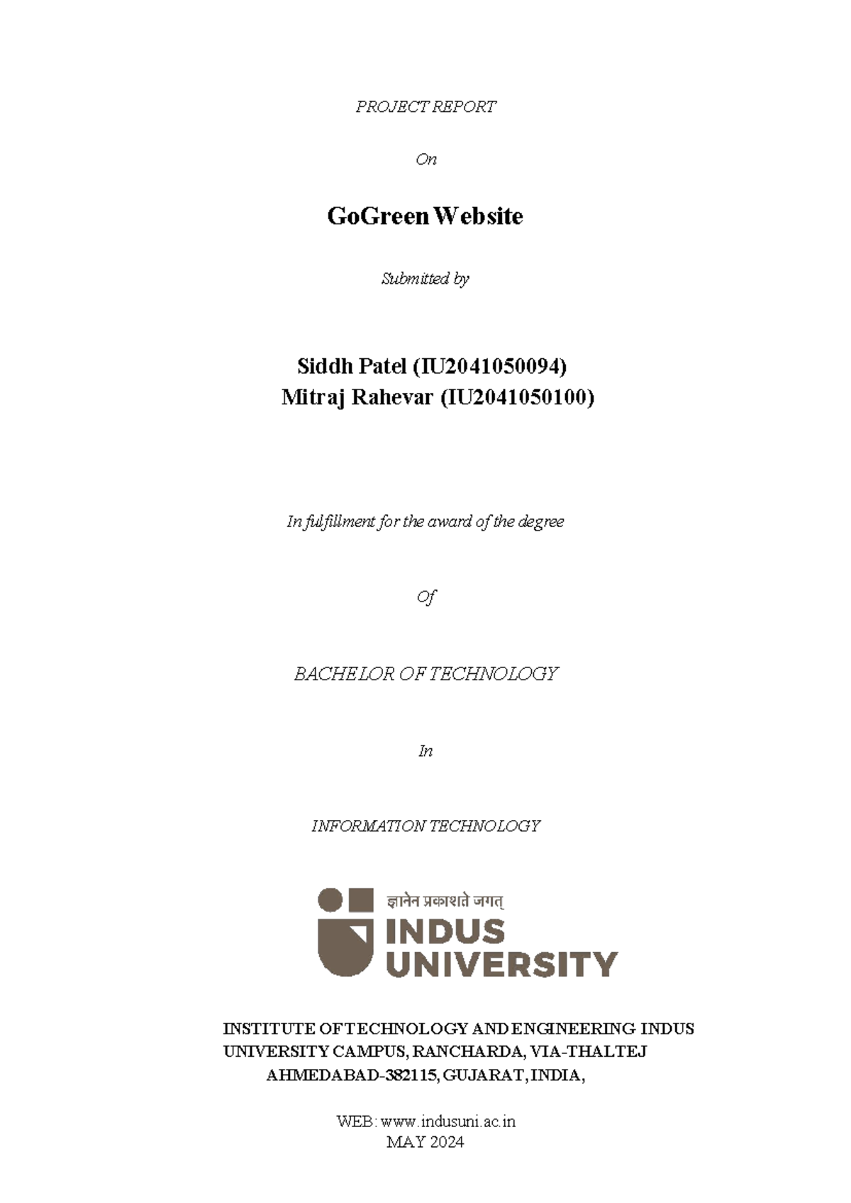 Go Green Report - PROJECT REPORT On Submitted by In fulfillment for the ...