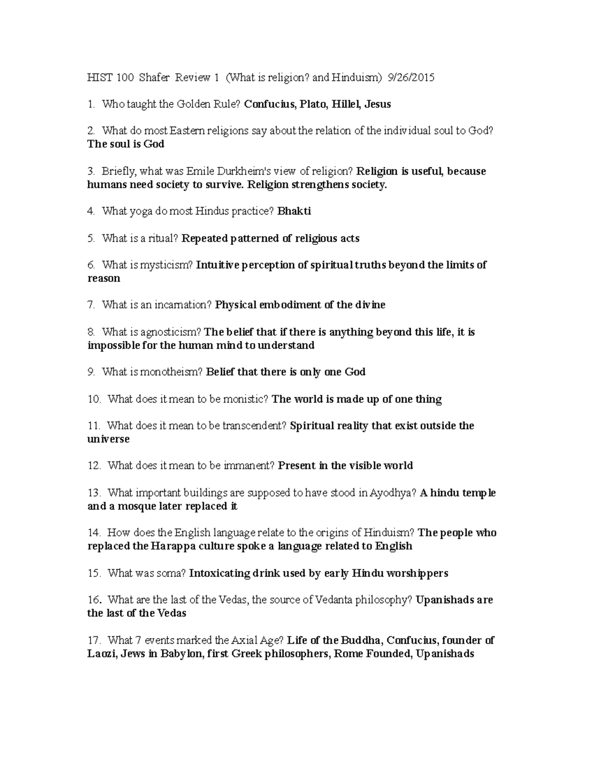 HIST 100 Exam 1 Review - HIST 100 Shafer Review 1 (What is religion ...