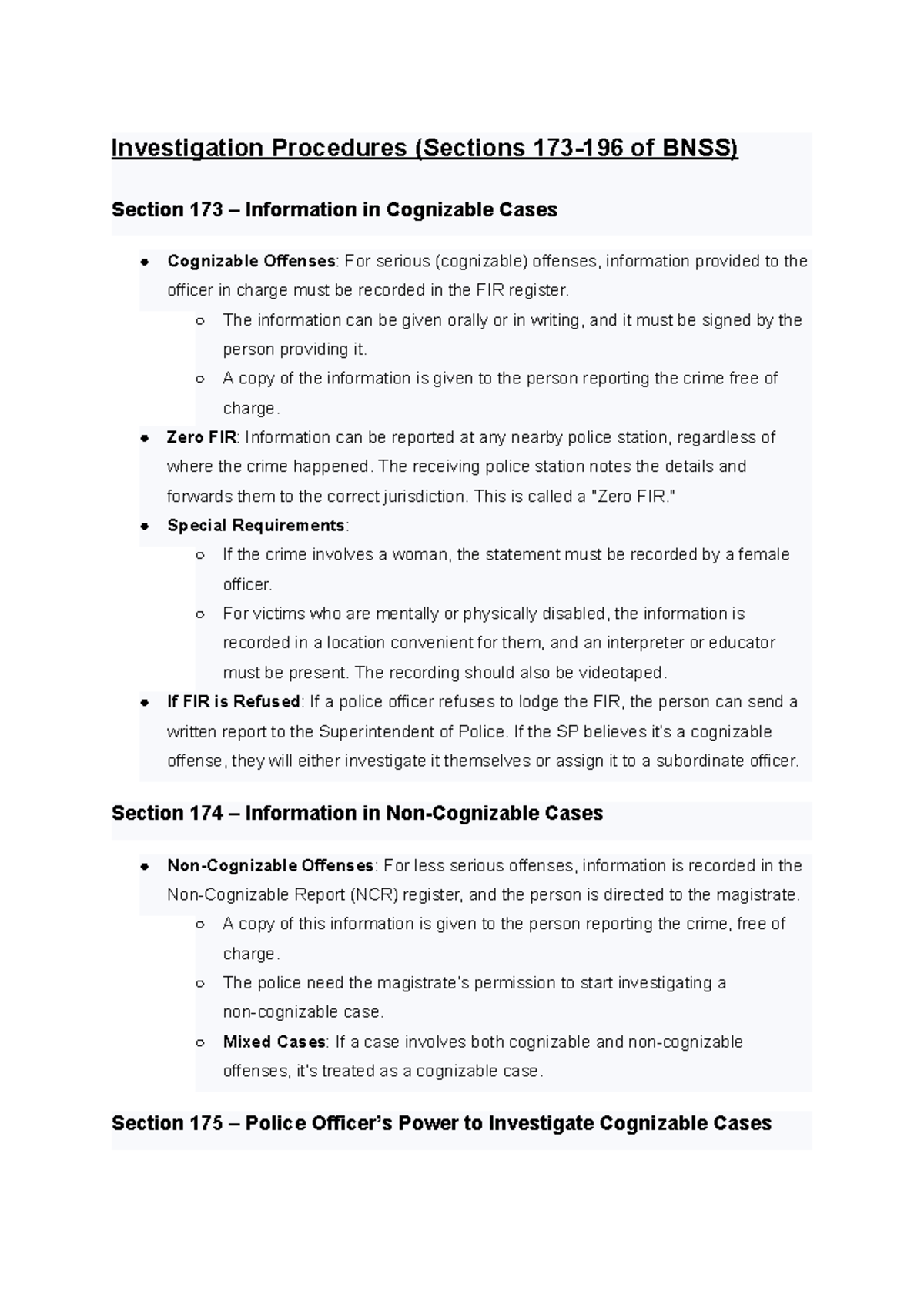 Investigation Procedures (Sections 173-196 of BNSS) - The information ...