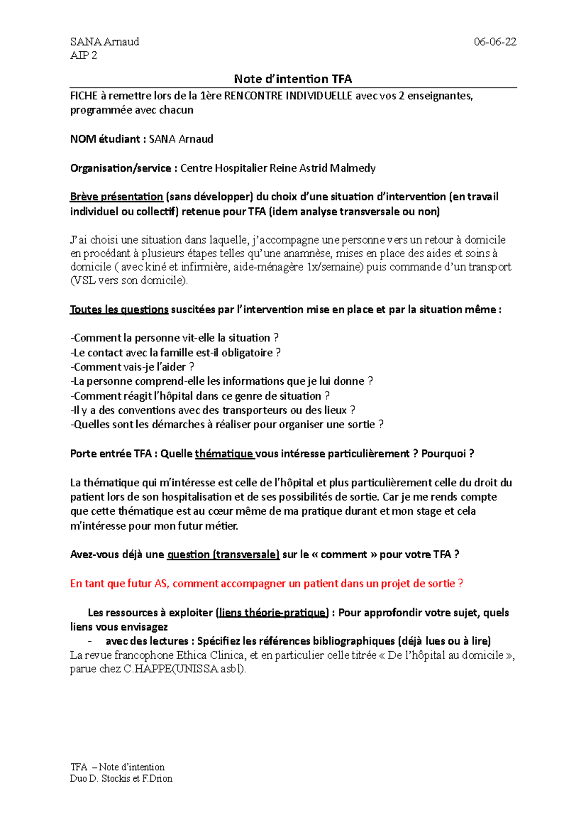 Note dintention n°1 TFA - SANA Arnaud 06-06- AIP 2 Note d’intention TFA FICHE à remettre lors de ...