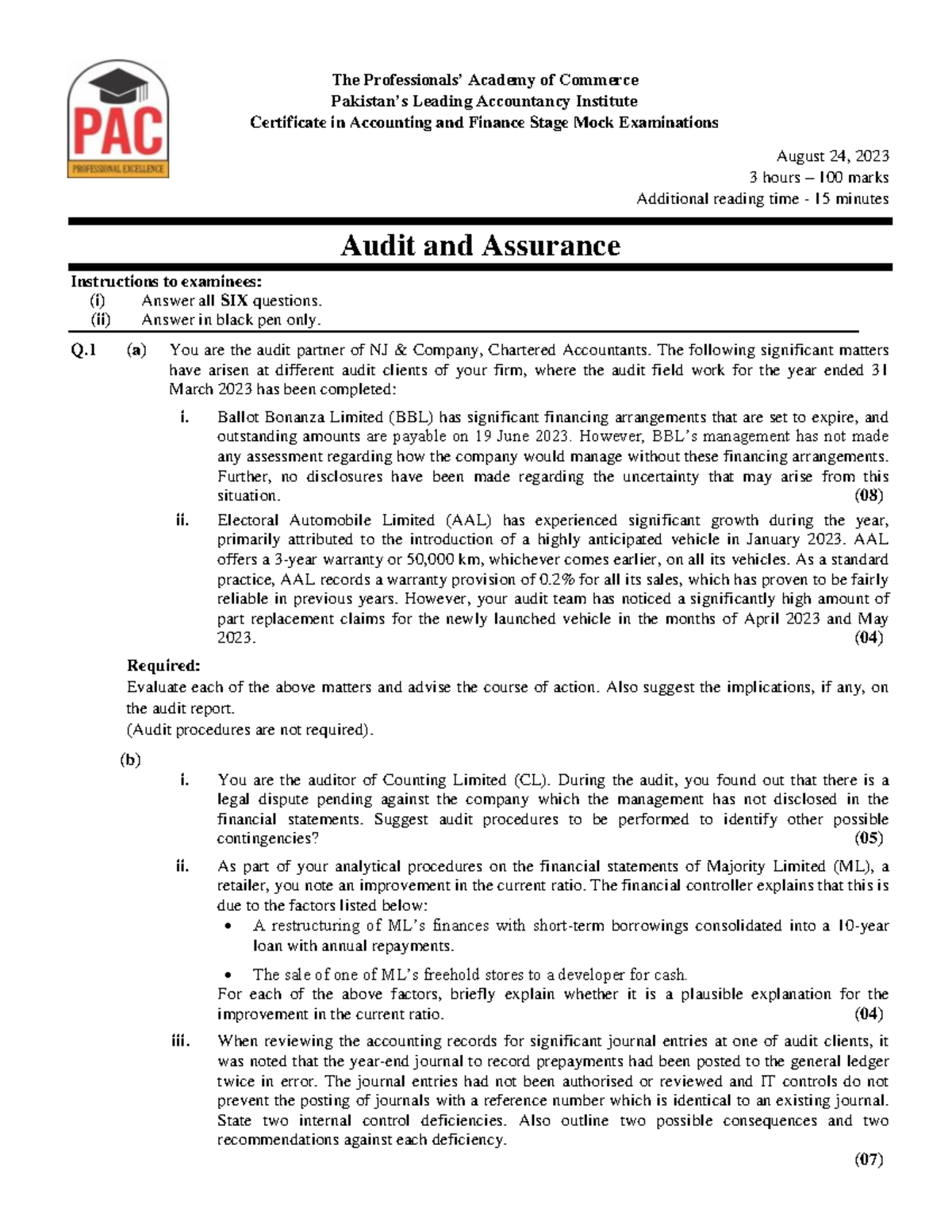 Audit Q.Paper (Final) Aut-2023 Final - The Professionals’ Academy of ...