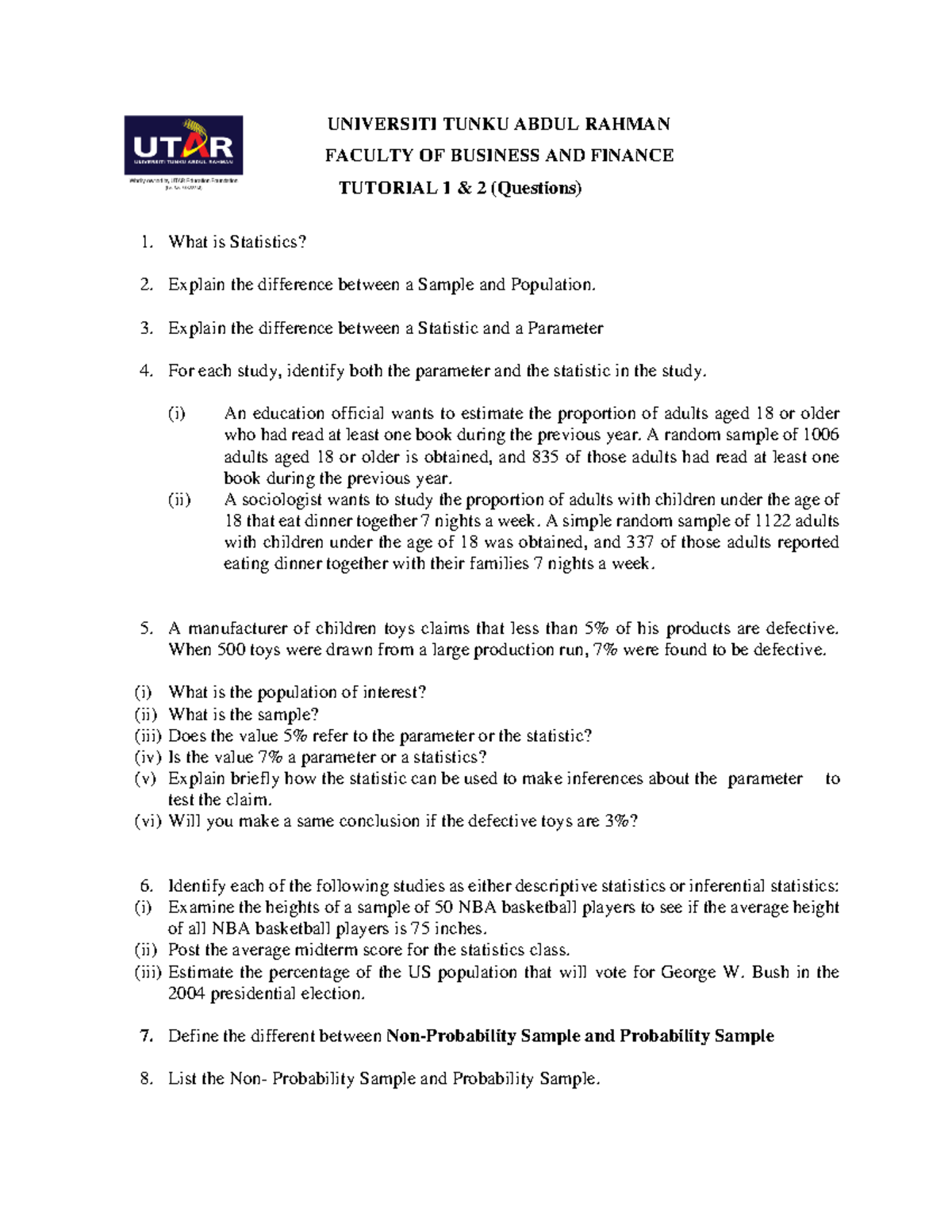 Tutorial Questions - UNIVERSITI TUNKU ABDUL RAHMAN FACULTY OF BUSINESS ...