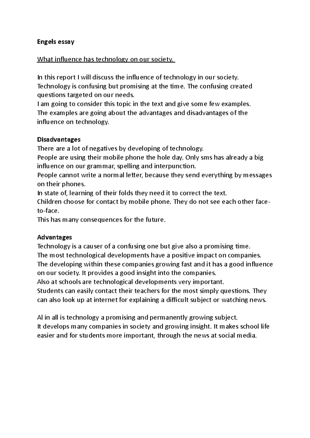 Engels essay technologie 1 - Engels essay What influence has technology ...