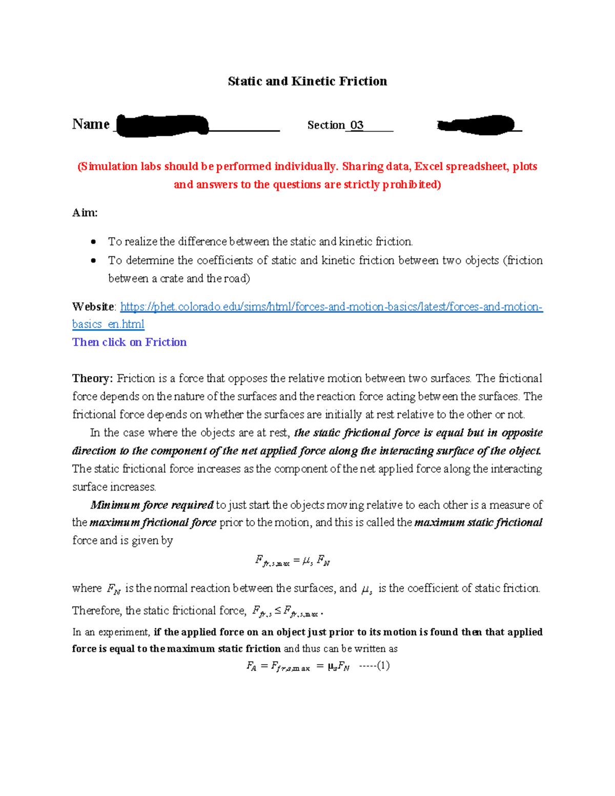 Lab5 Friction - Static and Kinetic Friction Name Mickeya Fox ...