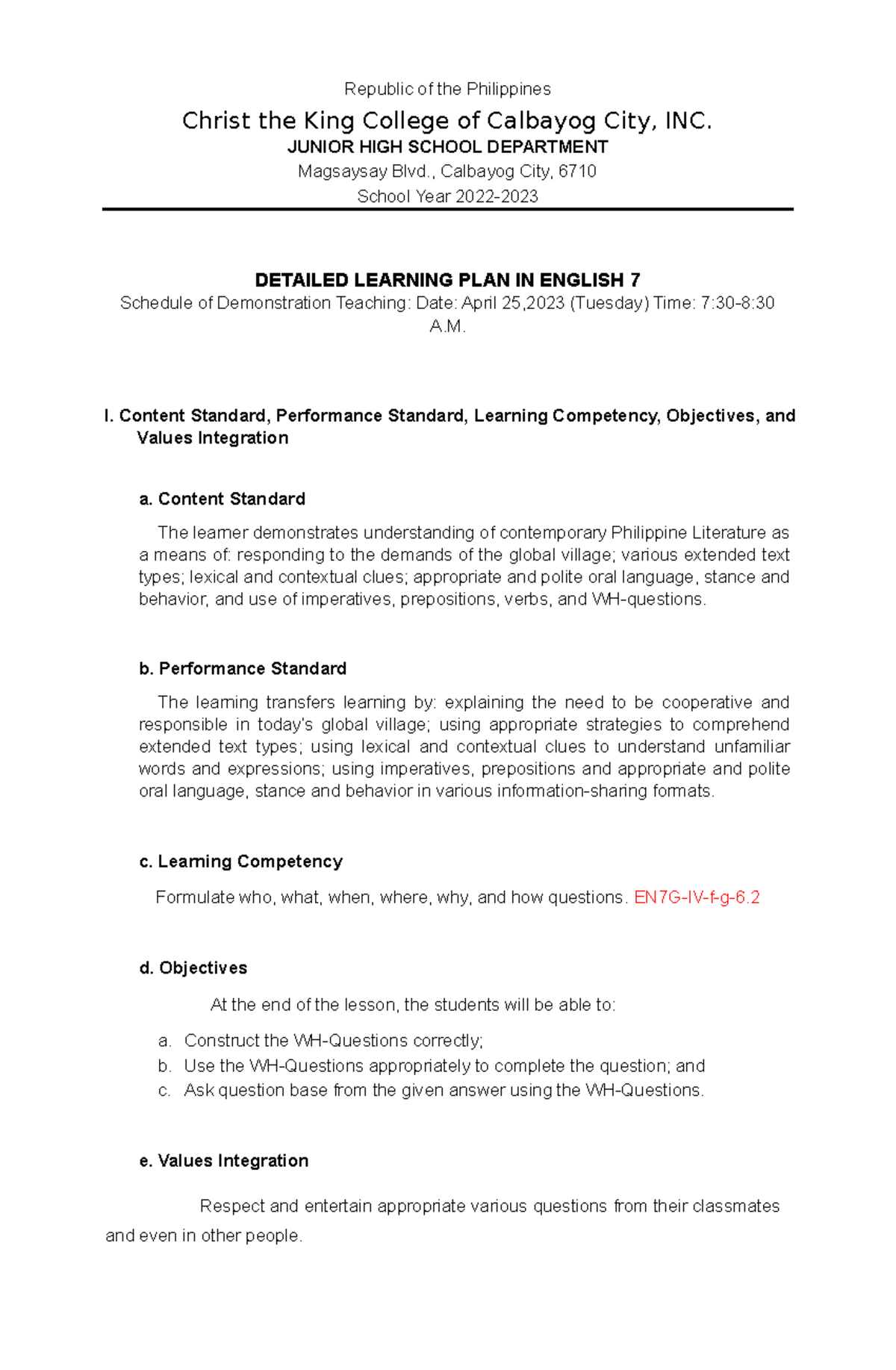 lesson plan wh questions - Republic of the Philippines Christ the King ...