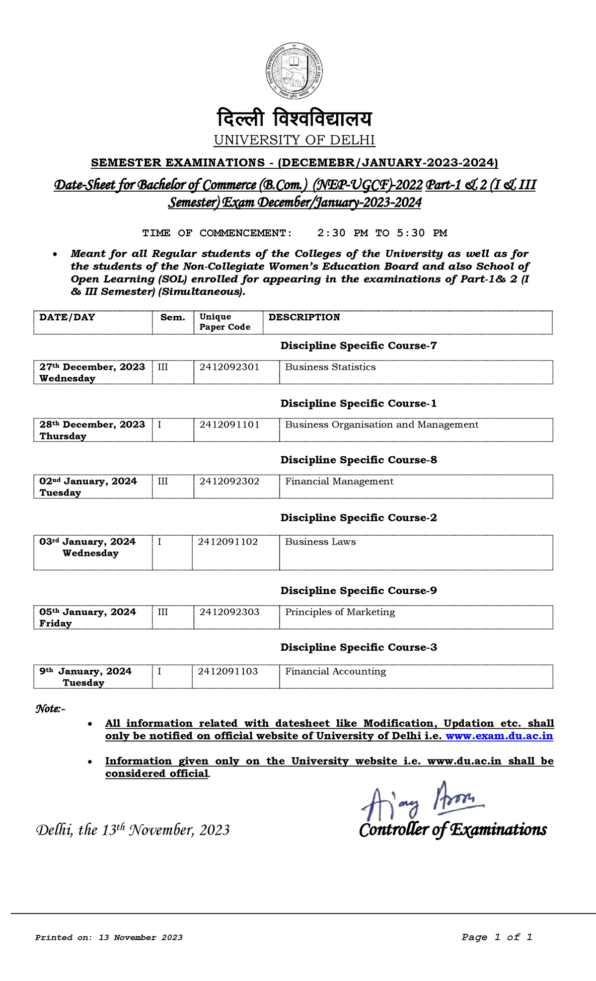 2023 11 13 CBCS NEP BCOM 23 Sem - Printed on: 13 November 2023 Page 1 ...