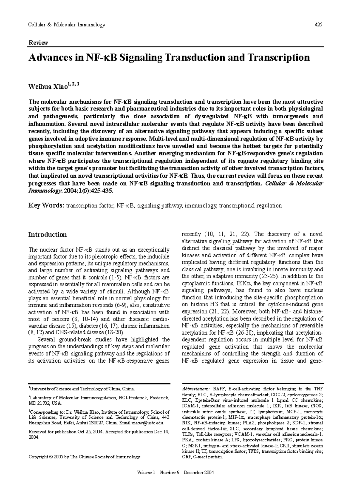 XIAO W425 - Cellular & Molecular Immunology 425 Review Advances in NF ...