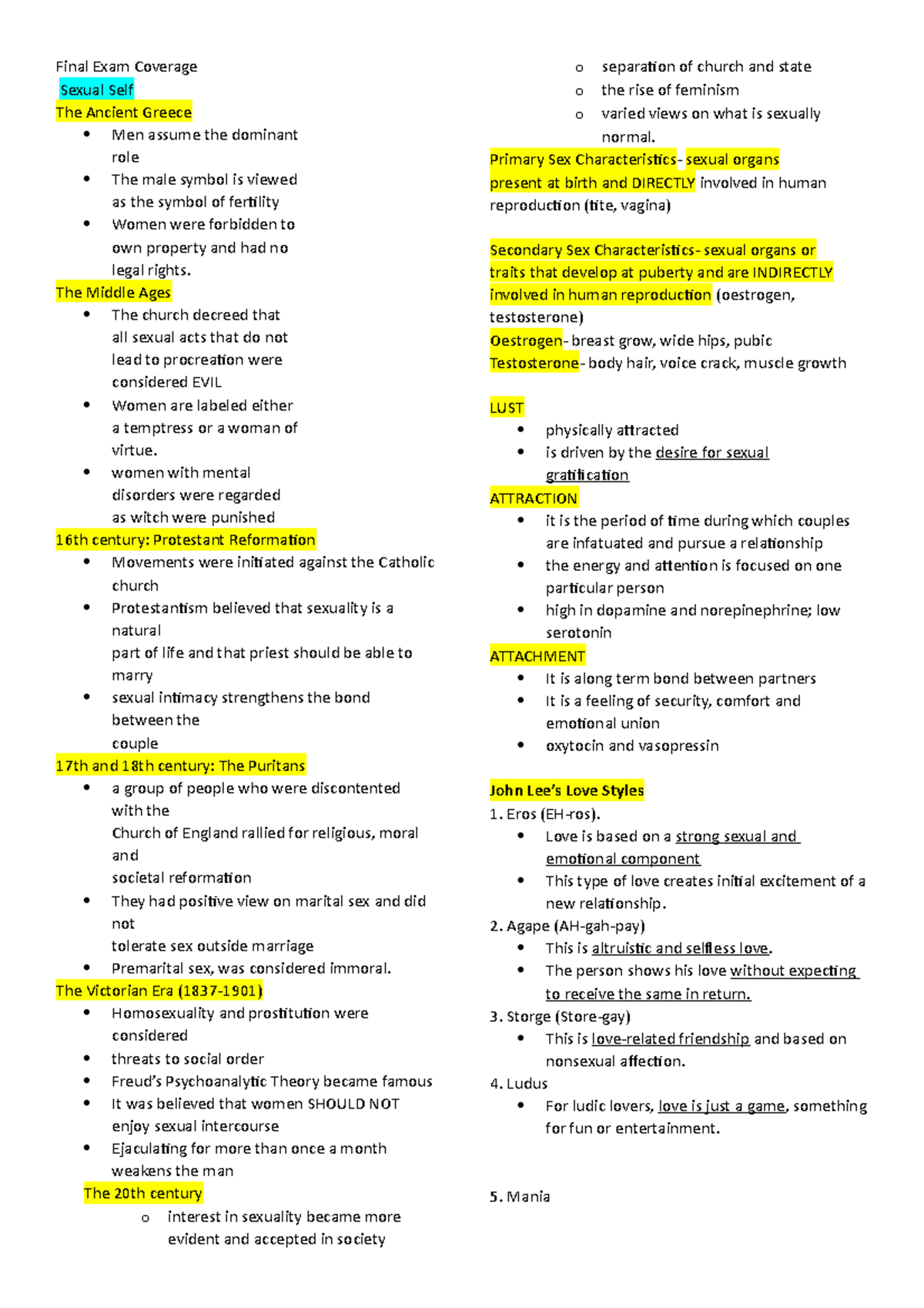 FIN-REV-UTS - ....... - Final Exam Coverage Sexual Self The Ancient ...