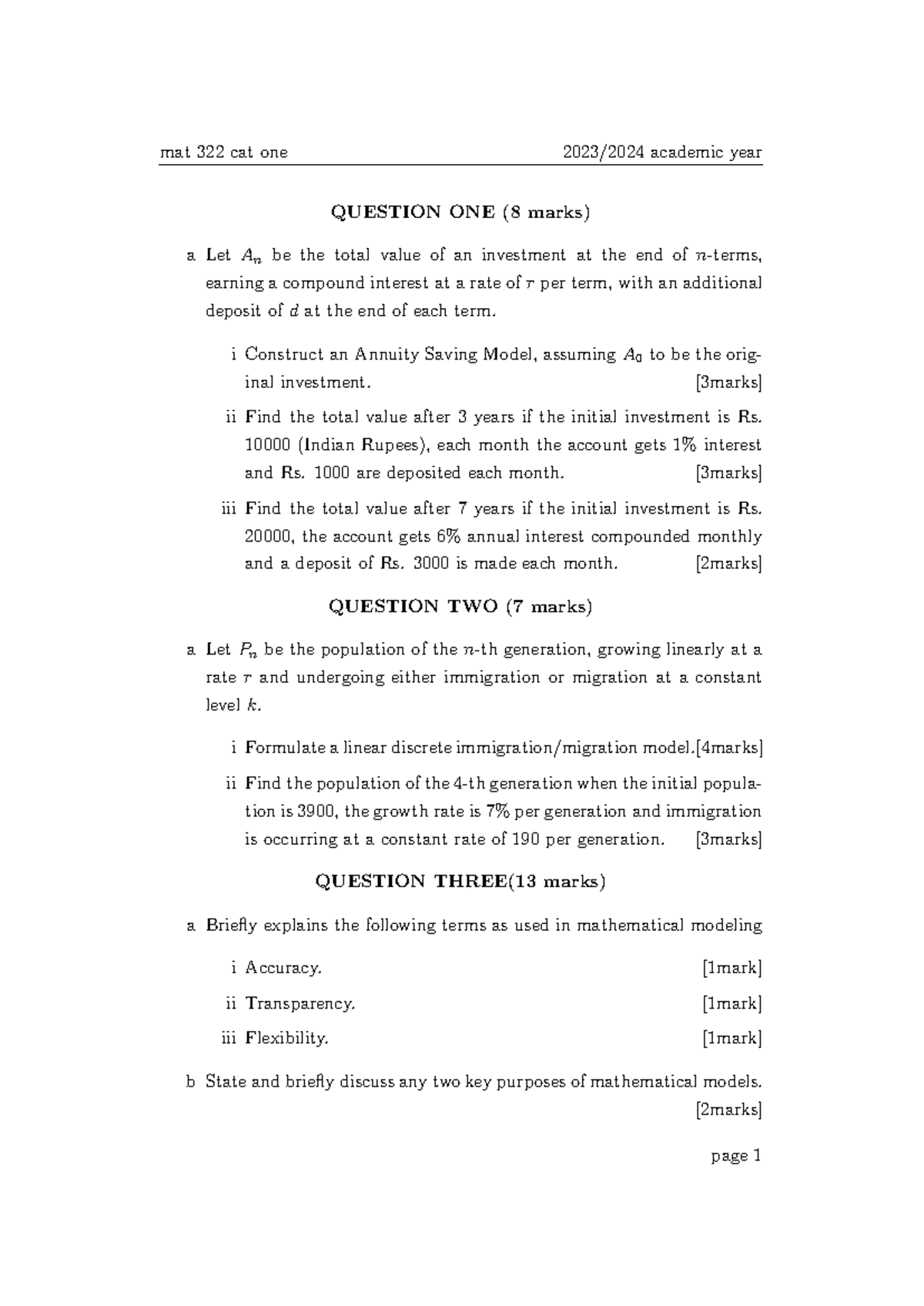 MAT 322 CAT ONE - Note - mat 322 cat one 2023/2024 academic year ...