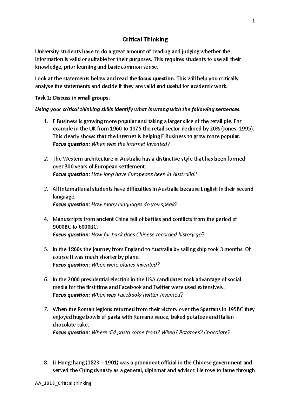 Critical Thinking - Lecture Additional Reading - 1 Critical Thinking ...