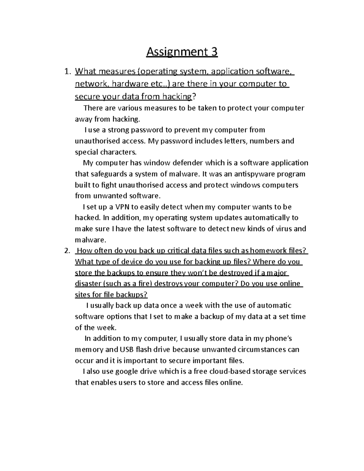 Assignment 3 - ass 3 - Assignment 3 1. What measures (operating system, application software ...