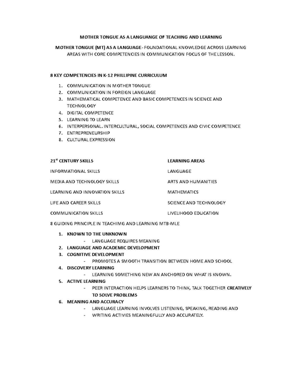 Summary OF THE Report - Nothing - MOTHER TONGUE AS A LANGUANGE OF ...