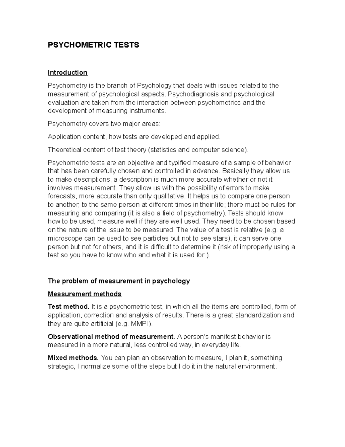 Psychometric tests - PSYCHOMETRIC TESTS Introduction Psychometry is the ...