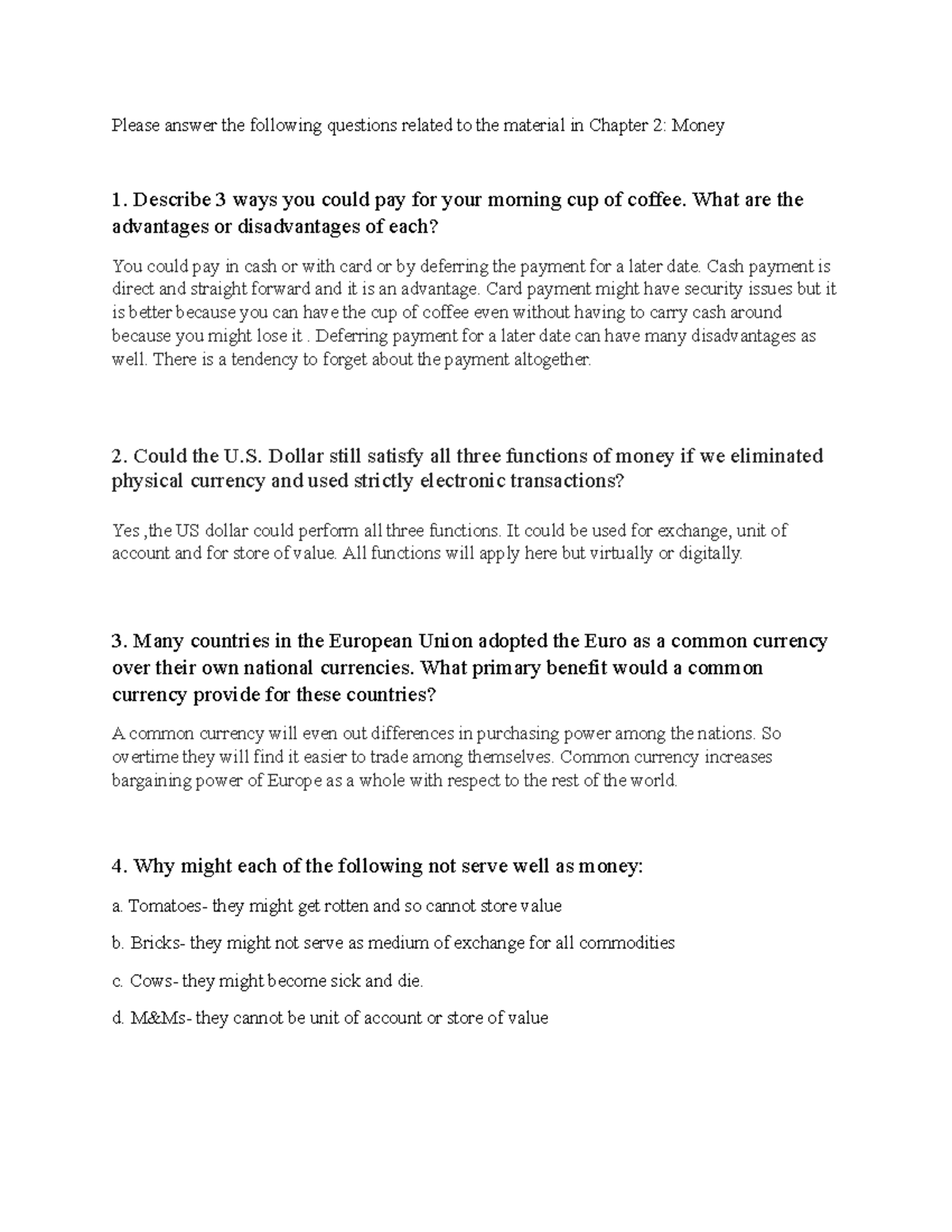 Chapter 2 Homework Questions-Econ 333 - Please answer the following ...