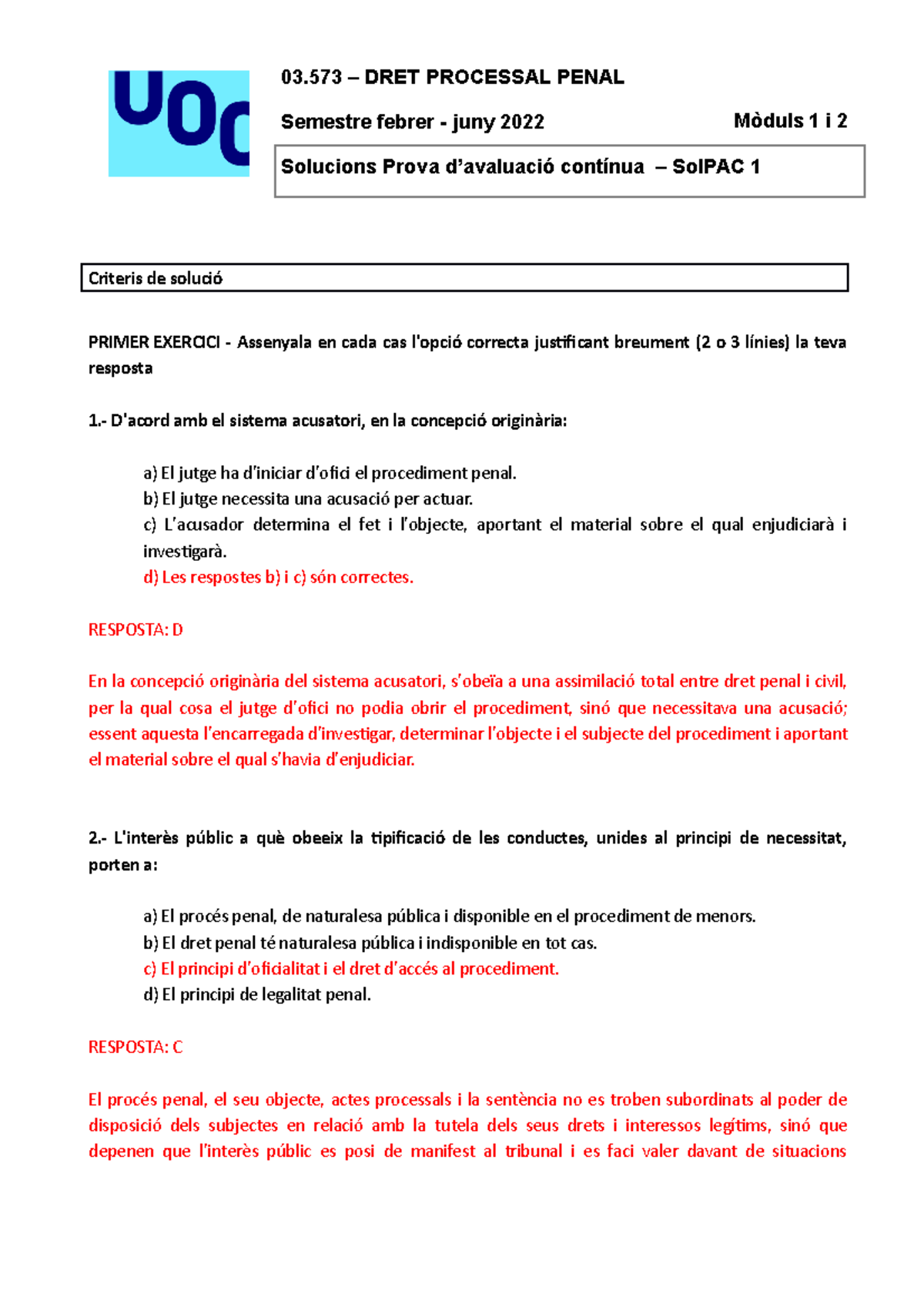 Solpac 1 Processal Penal - 03 – DRET PROCESSAL PENAL Semestre febrer - juny 2022 Mòduls 1 i 2 ...