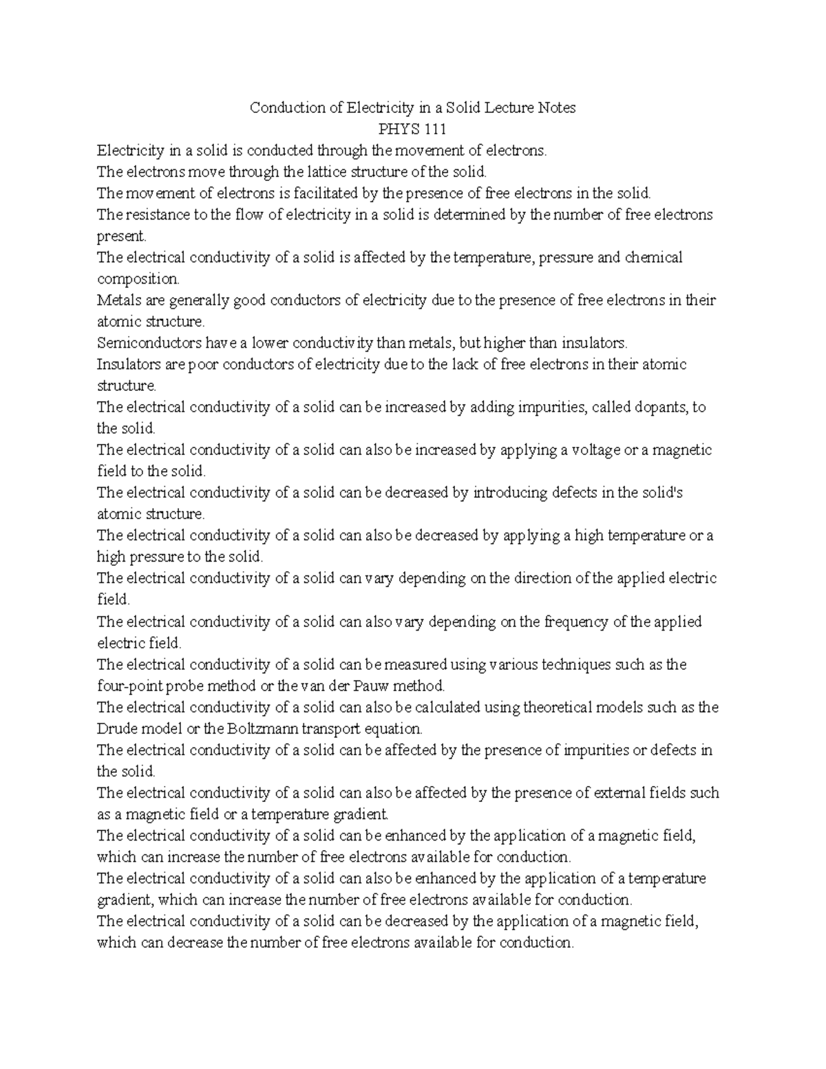Conduction of Electricity in a Solid Lecture Notes - The electrons move ...