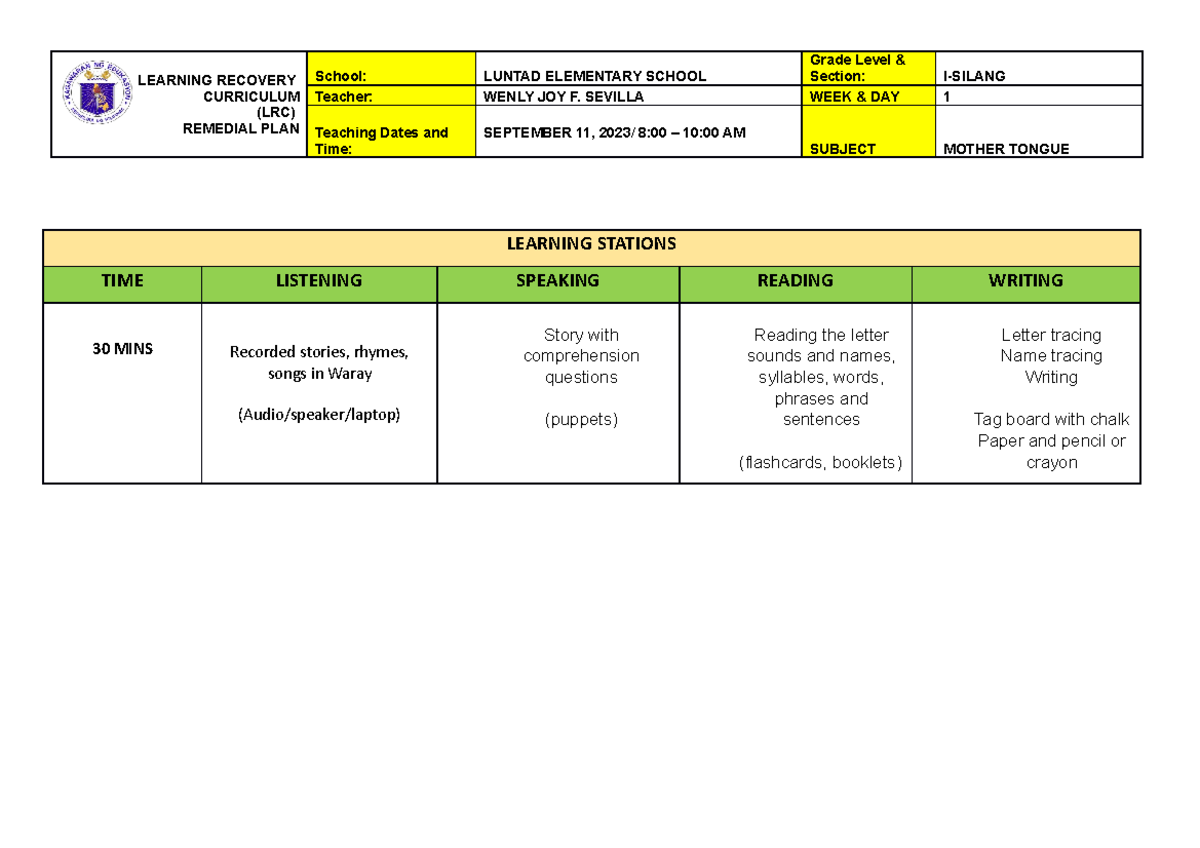 My MTBremedial plan day1week1 - LEARNING RECOVERY CURRICULUM (LRC ...
