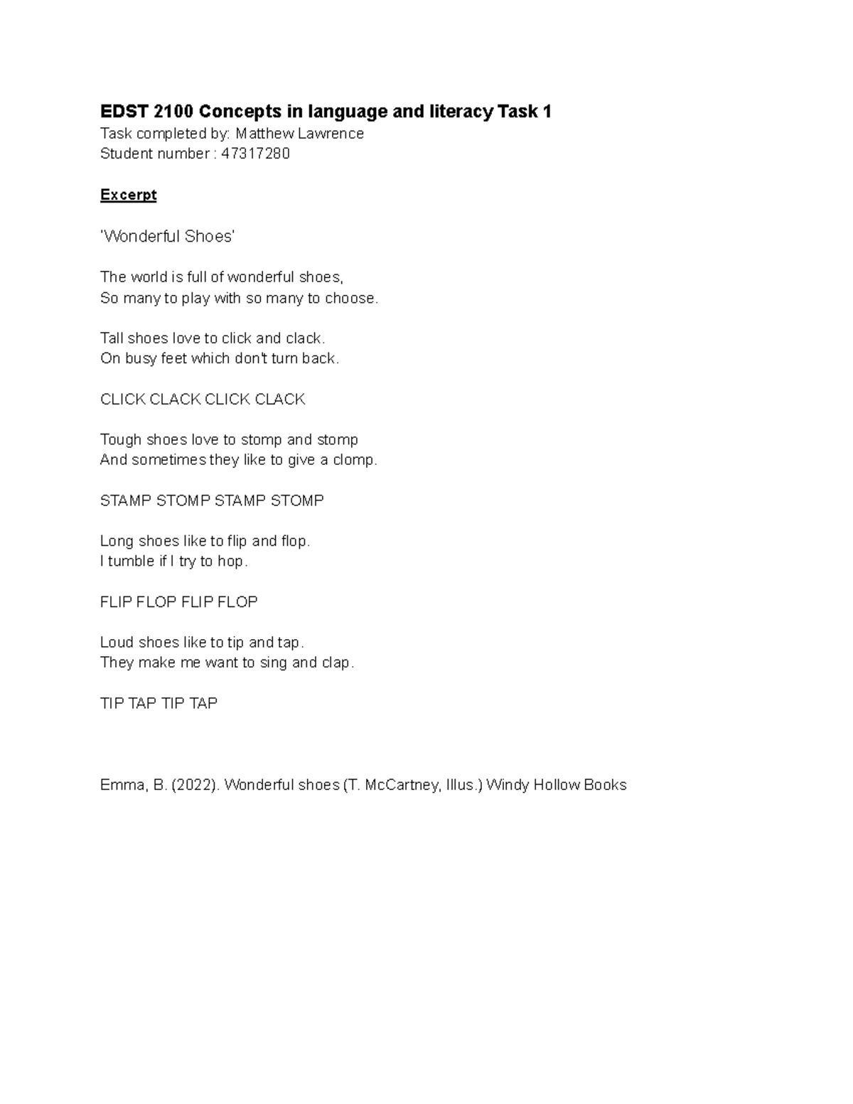 EDST2100 Concepts in language and literacy Task 1 - Tall shoes love to click and clack. On busy ...