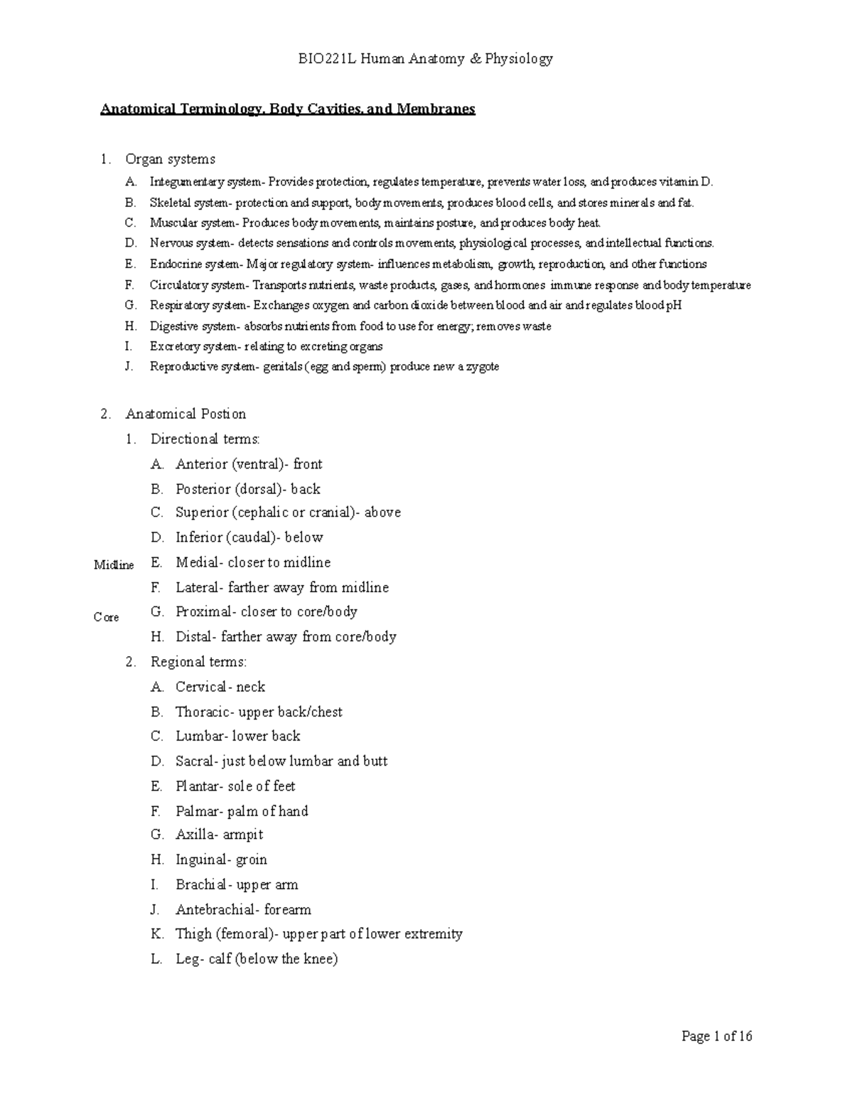 A:P Practical #1 Terms - BIO221L Human Anatomy & Physiology Anatomical ...