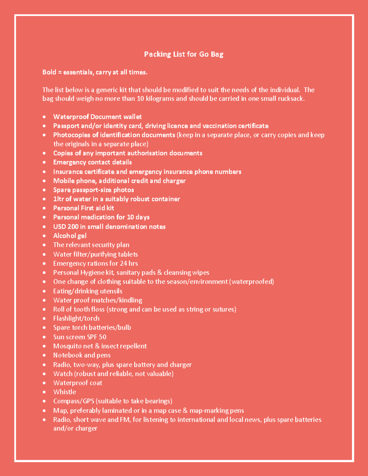 Go-Bag Recommended List - Packing List for Go Bag Bold = essentials ...