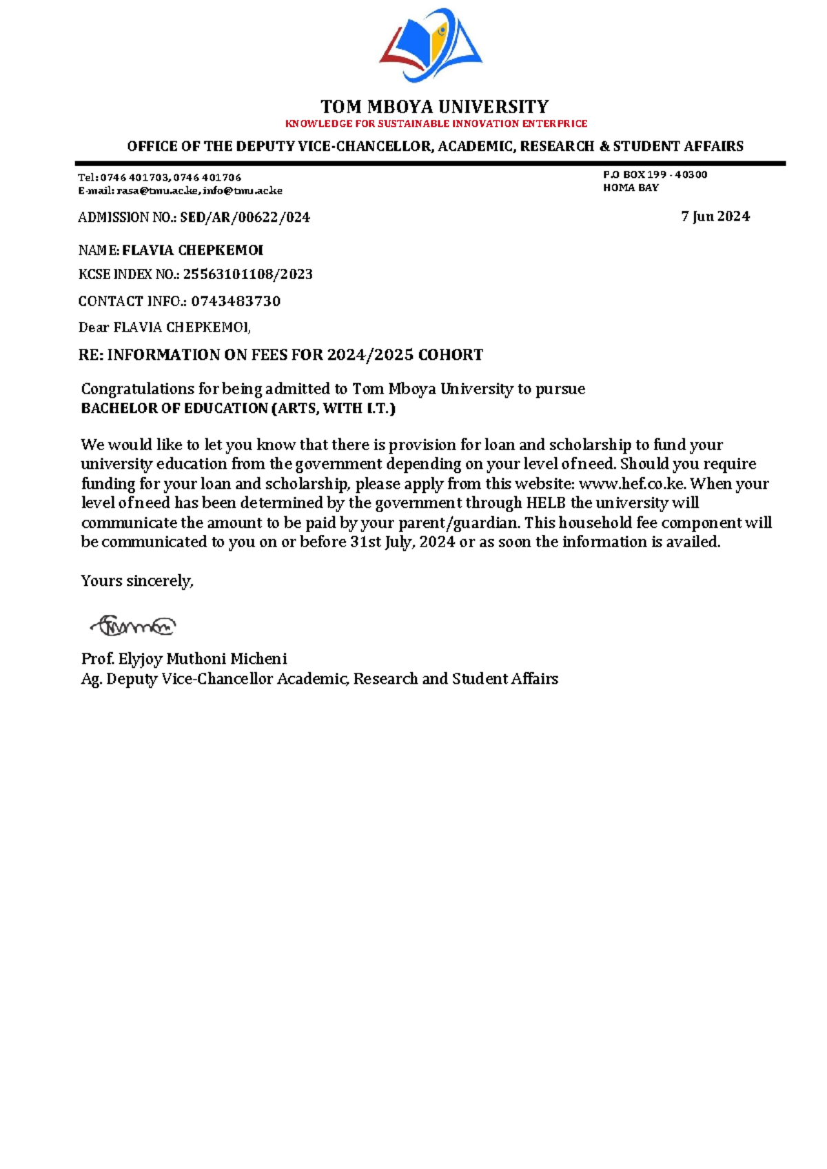 Adm Letter- Sedar 00622024 - ADMISSION NO.: SED/AR/00622/ NAME: FLAVIA ...