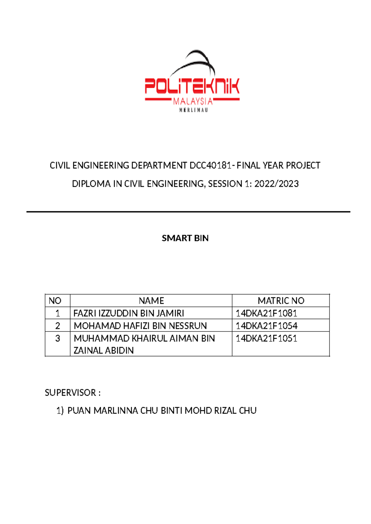 Fyp proposal - gudluck - CIVIL ENGINEERING DEPARTMENT DCC40181- FINAL ...