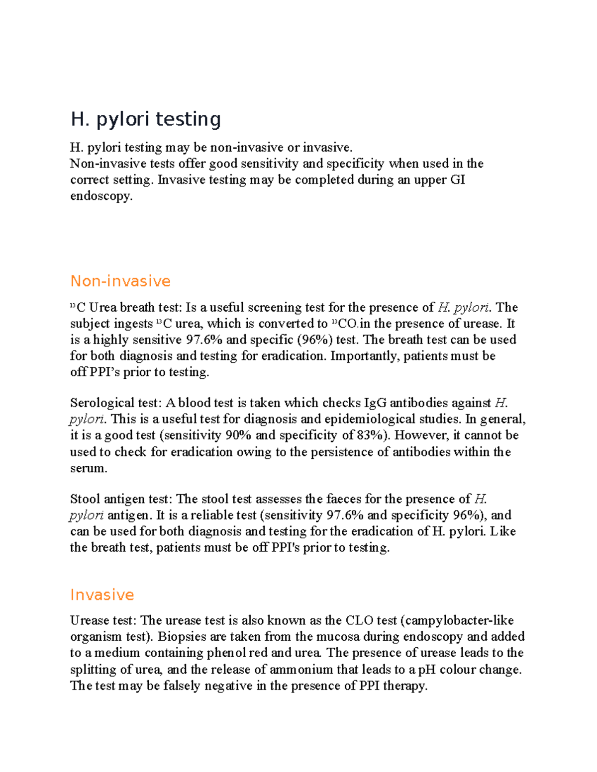 H - Lecture notes - H. pylori testing H. pylori testing may be non ...