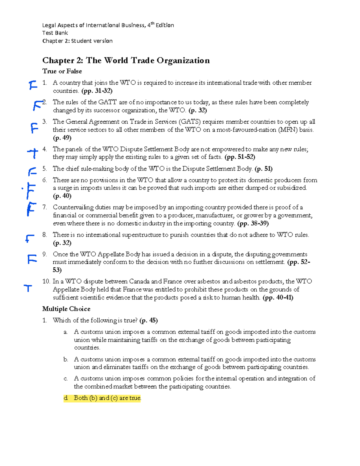 LAW CH2 Answer - Practice questions - Test Bank Chapter 2: Student ...