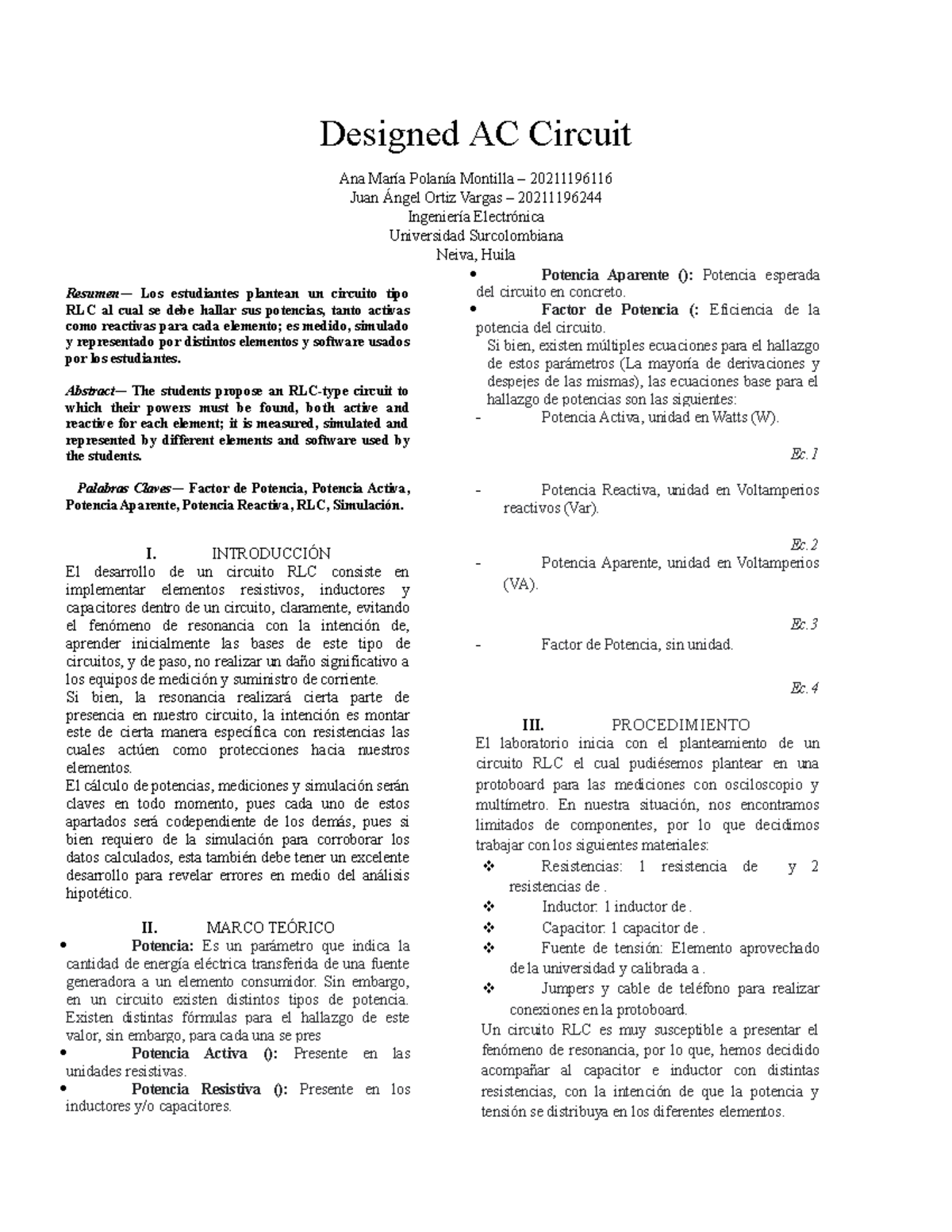 Designed Circuit AC - ...... - Designed AC Circuit Ana María Polanía ...
