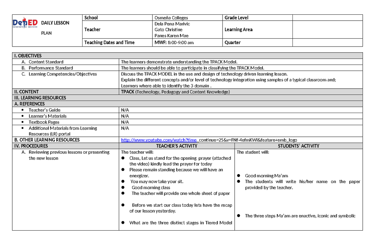 Tpack Lesson PLAN Finaldocx - DAILY LESSON PLAN School Osmeña Colleges ...
