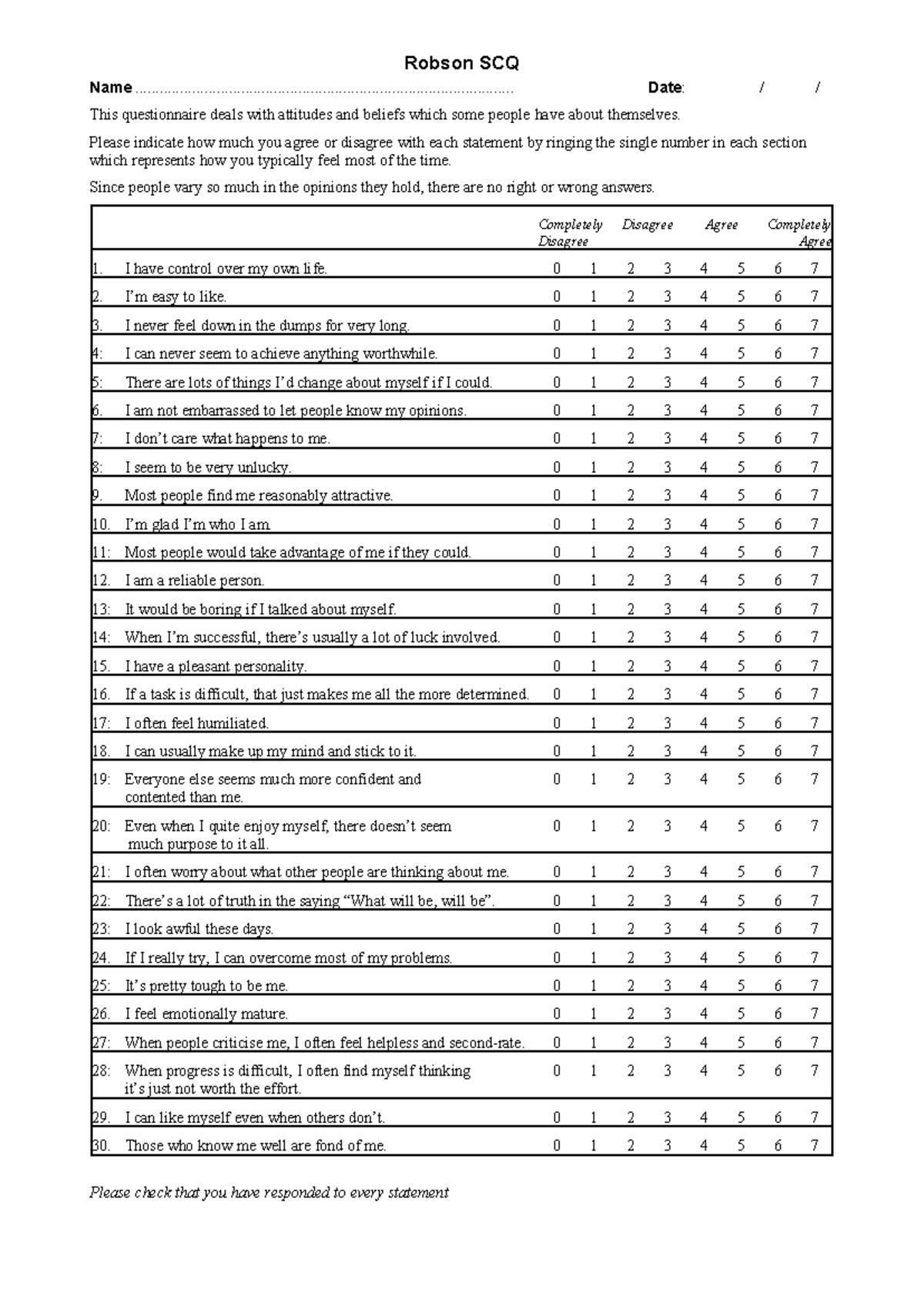 Robson Self Concept Questionnaire and norms - Robson SCQ Name - Studocu