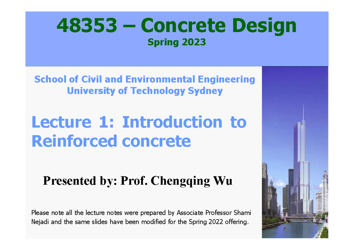 Lecture 1 Slides - 48353 – Concrete Design Spring 2023 Lecture 1 ...