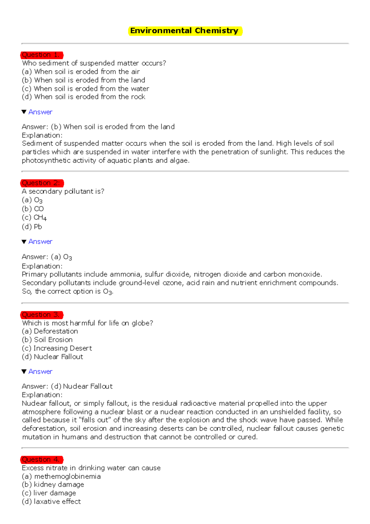 Essential Questions on Environmental Chemistry MCQ - Environmental ...