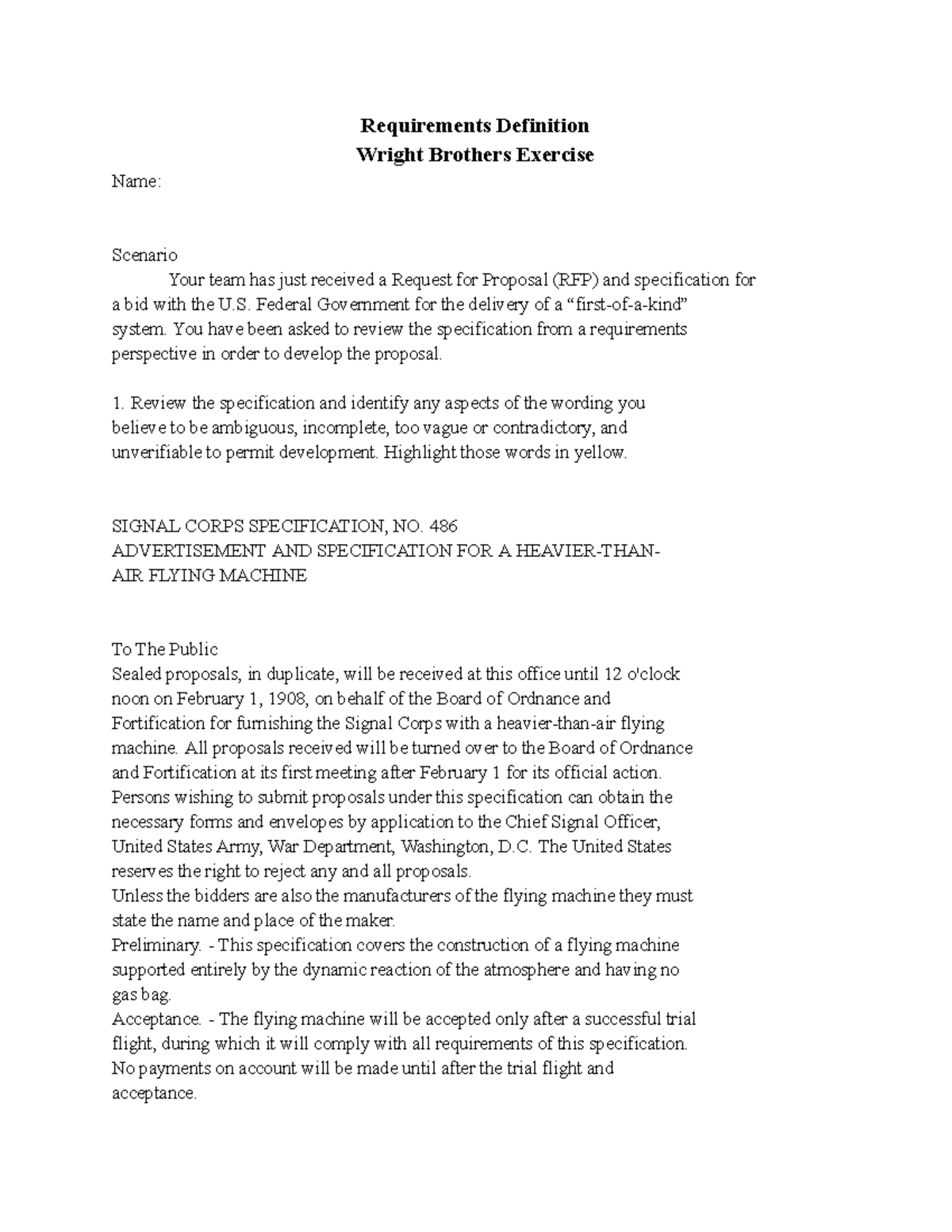 Requirements Definition Wright Brothers Exercise - Requirements ...