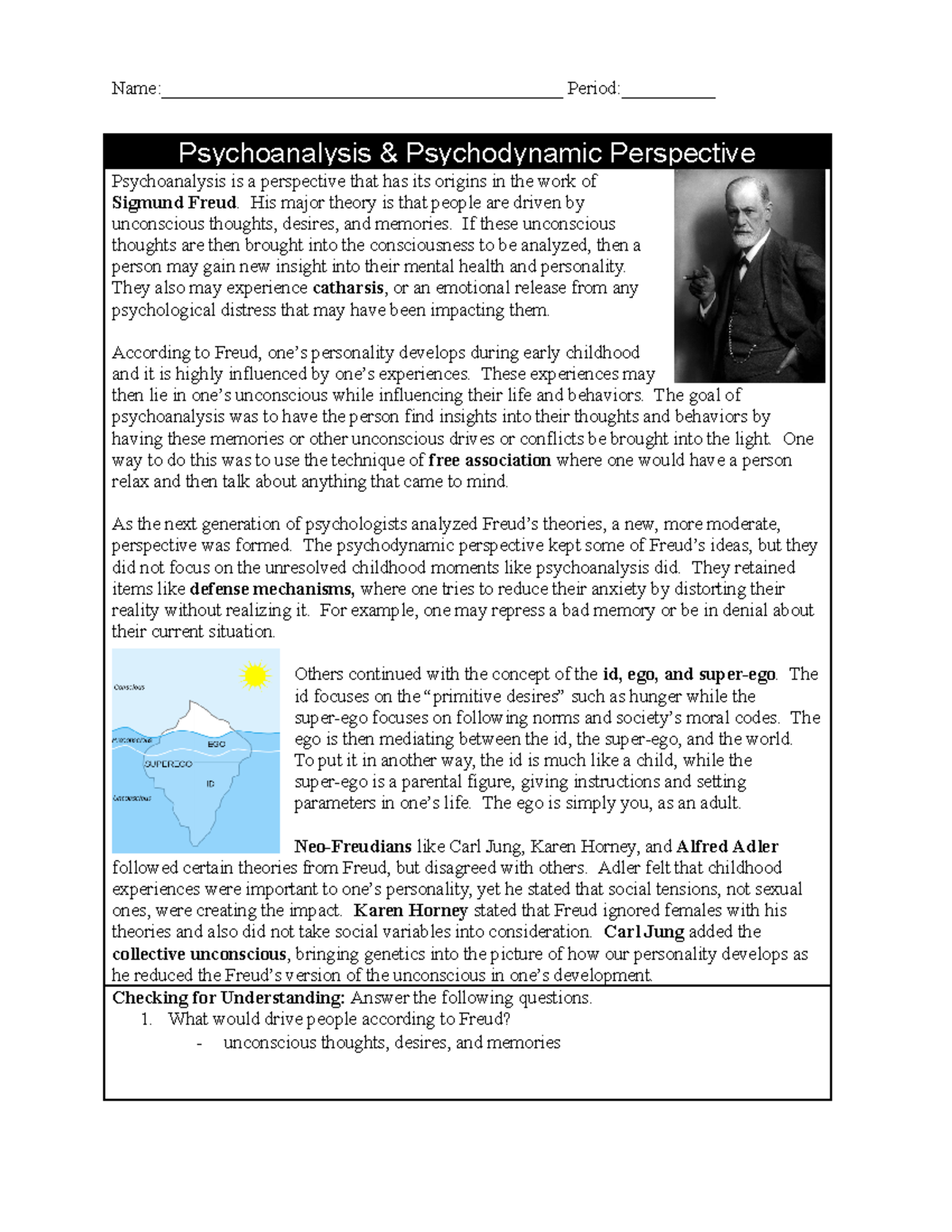 Psychoanalysis Psychodynamic Perspectiveon Personality One Page Reading ...